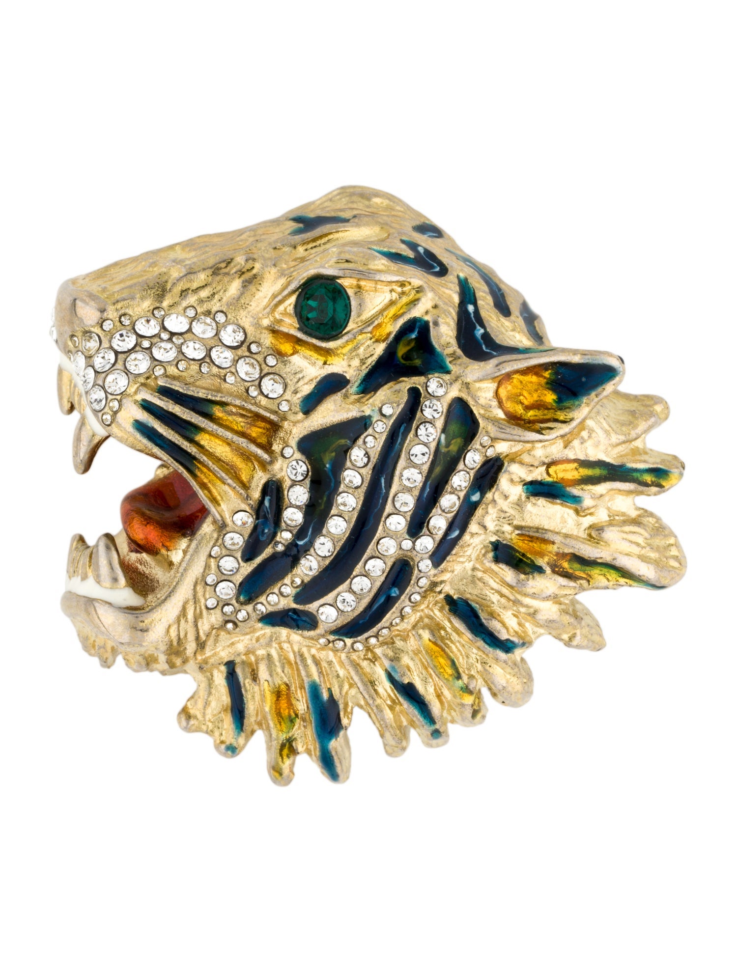 Gucci Crystal & Enamel Tiger Head Brooch - Blue, Gold-Tone Metal Pin ...