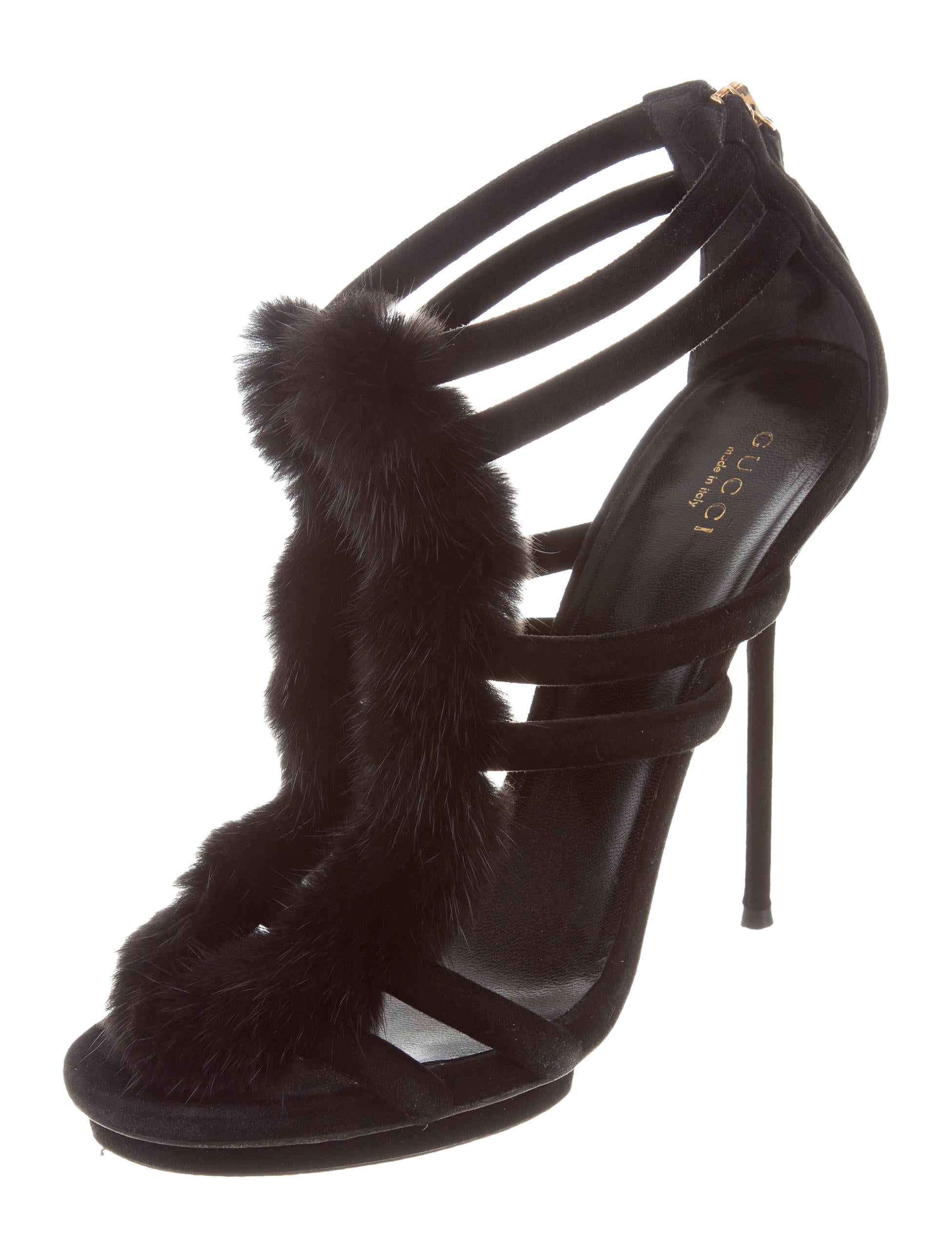 Gucci Mink Fur-Trimmed Suede Sandals - Black Sandals, Shoes - GUC164376 ...