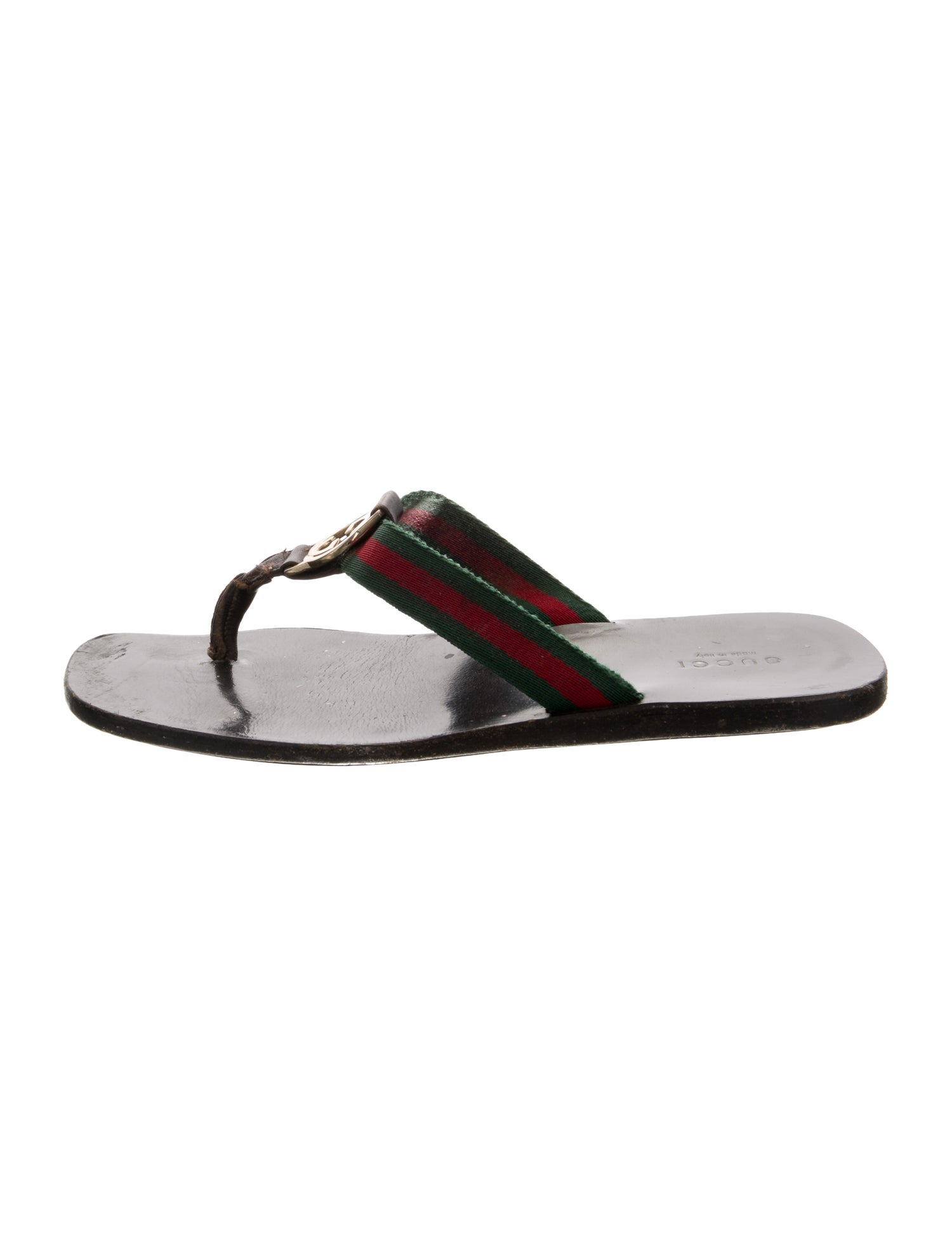 Gucci Web Accent Leather Flip Flops - Brown Sandals, Shoes - GUC1741455 ...