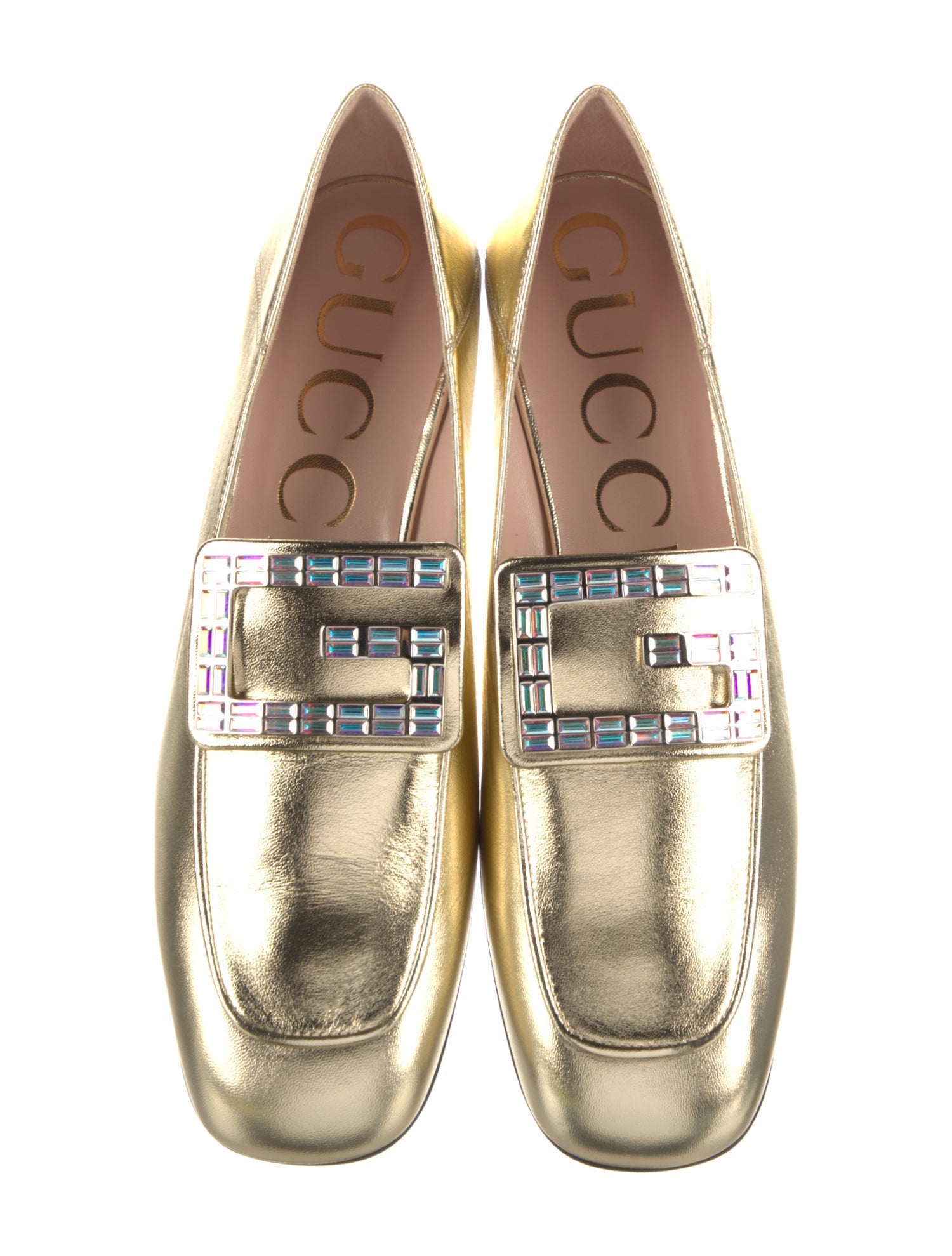 Gucci Patent Leather Crystal Embellishments Flats - Gold Flats, Shoes ...