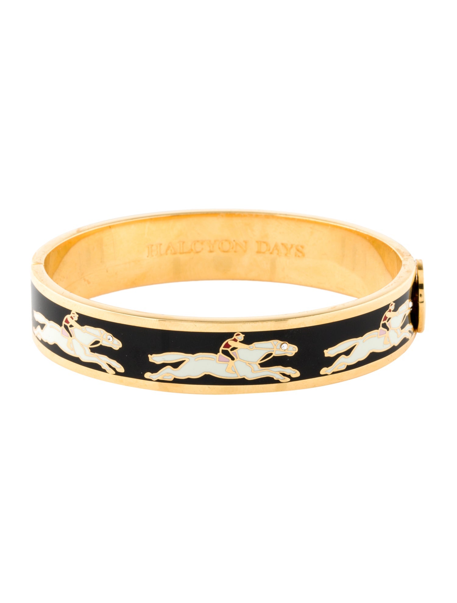 Halcyon Days Enamel & Crystal Race Horse Hinged Bracelet - Black, Gold-Tone Metal Cuff ...