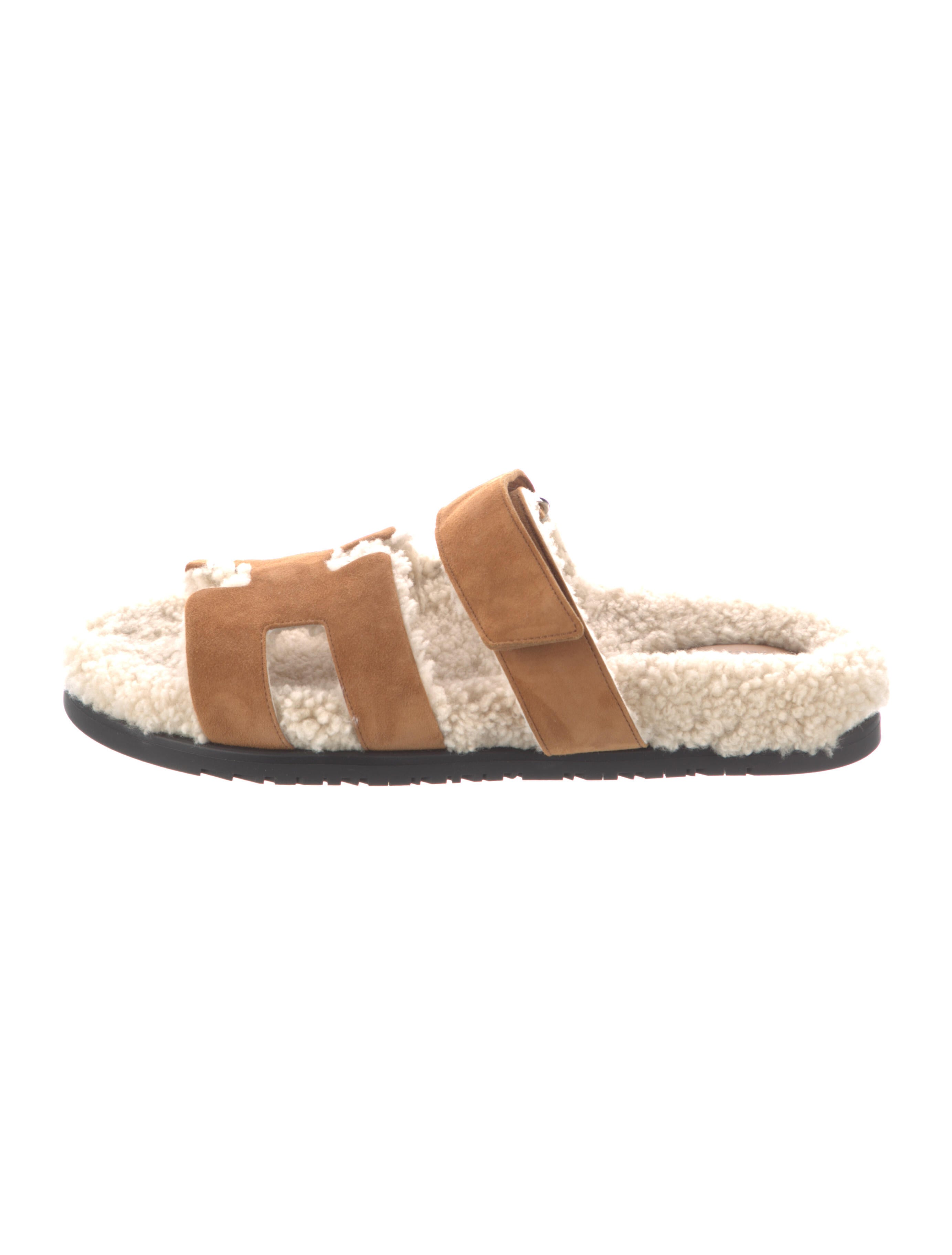Hermès Chypre Shearling Suede Slides Suede Slides - Brown Sandals ...