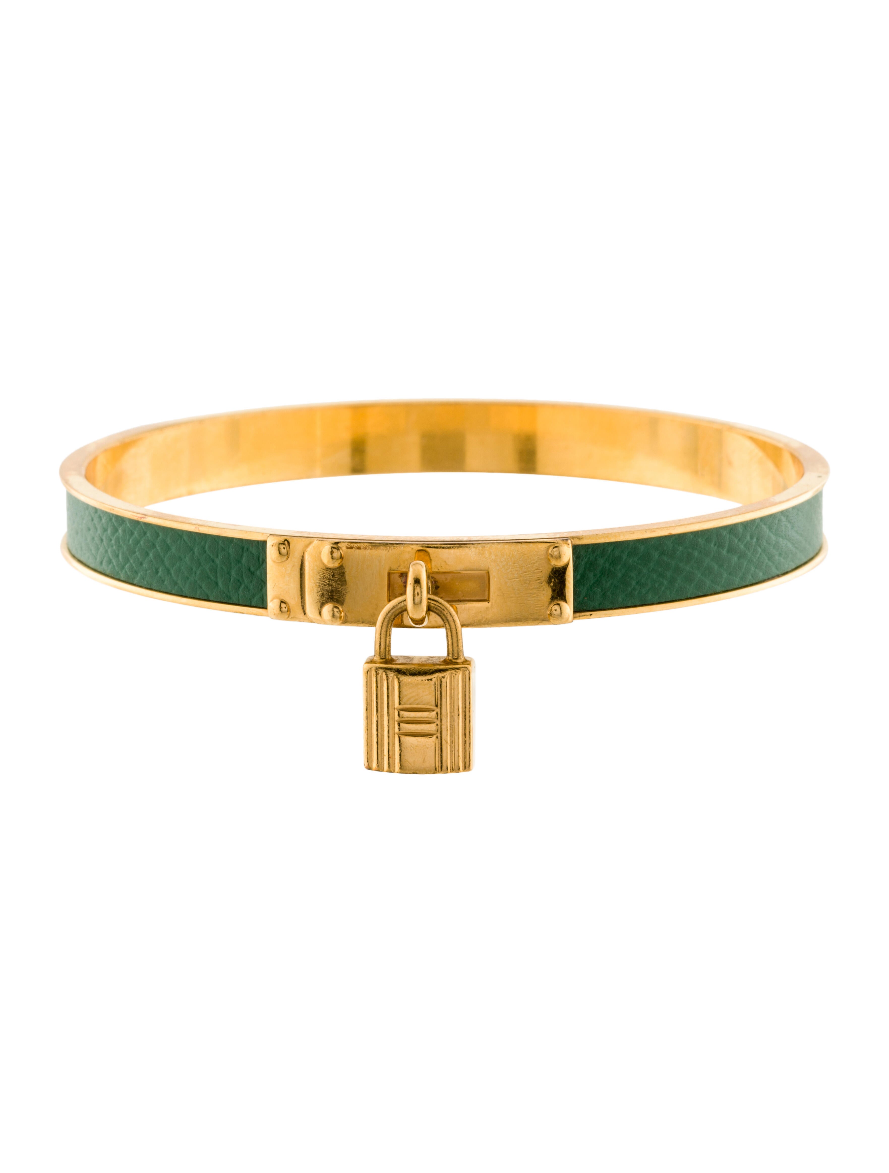 Hermès Leather Kelly Lock Cadena Bangle - Green, 18K Yellow Gold-Plated ...