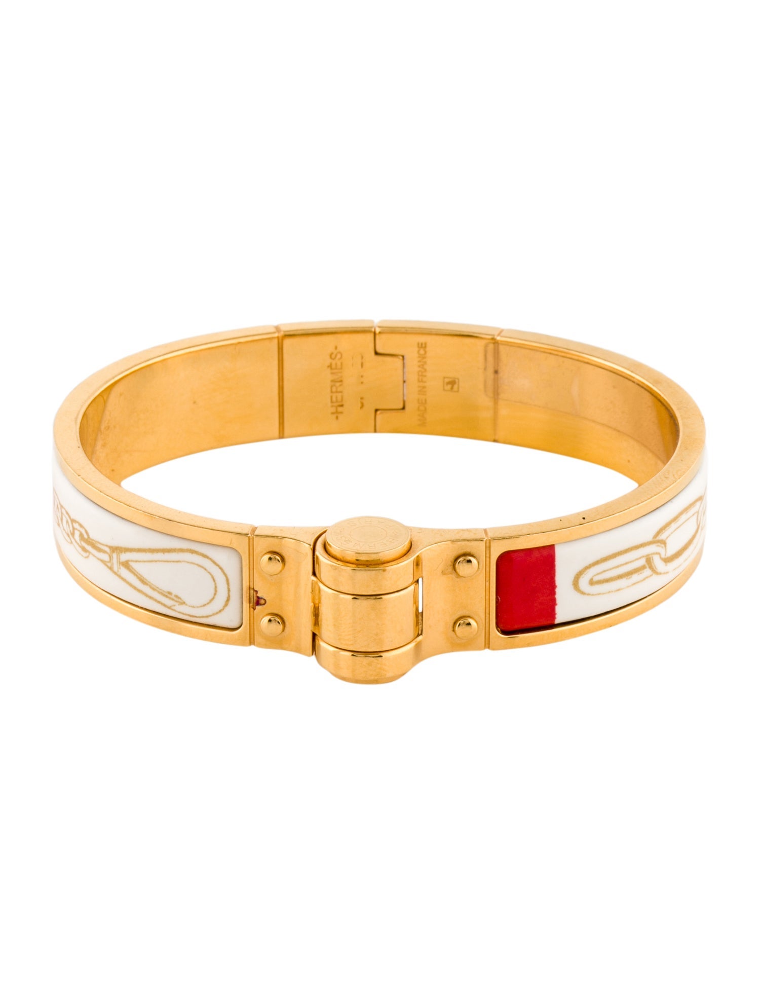 Hermès Narrow Enamel Hinged Cuff Bracelet - Red, 18K Yellow Gold-Plated ...
