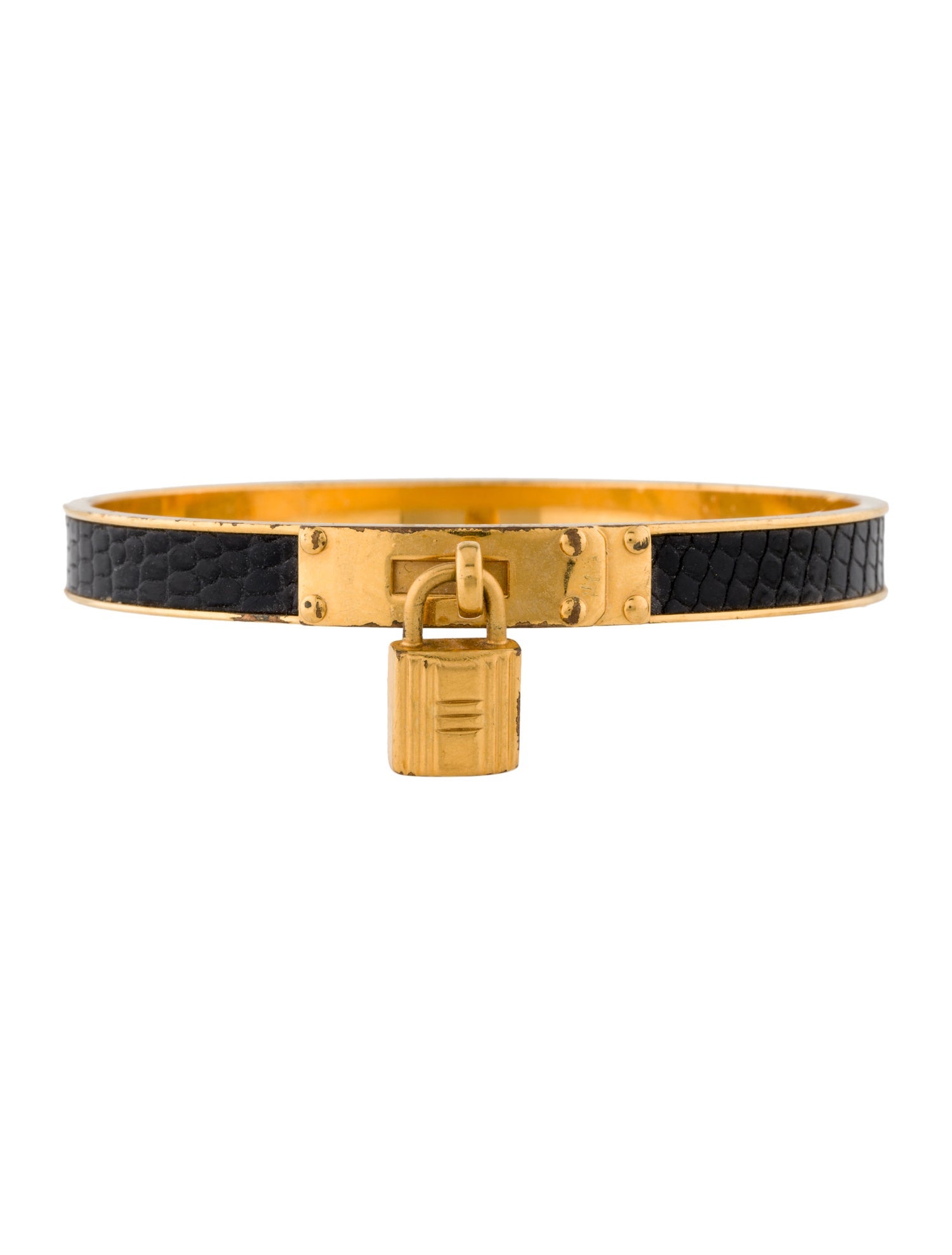 Hermès Crocodile Kelly Cadena Lock Bangle - Black, 18K Yellow Gold ...