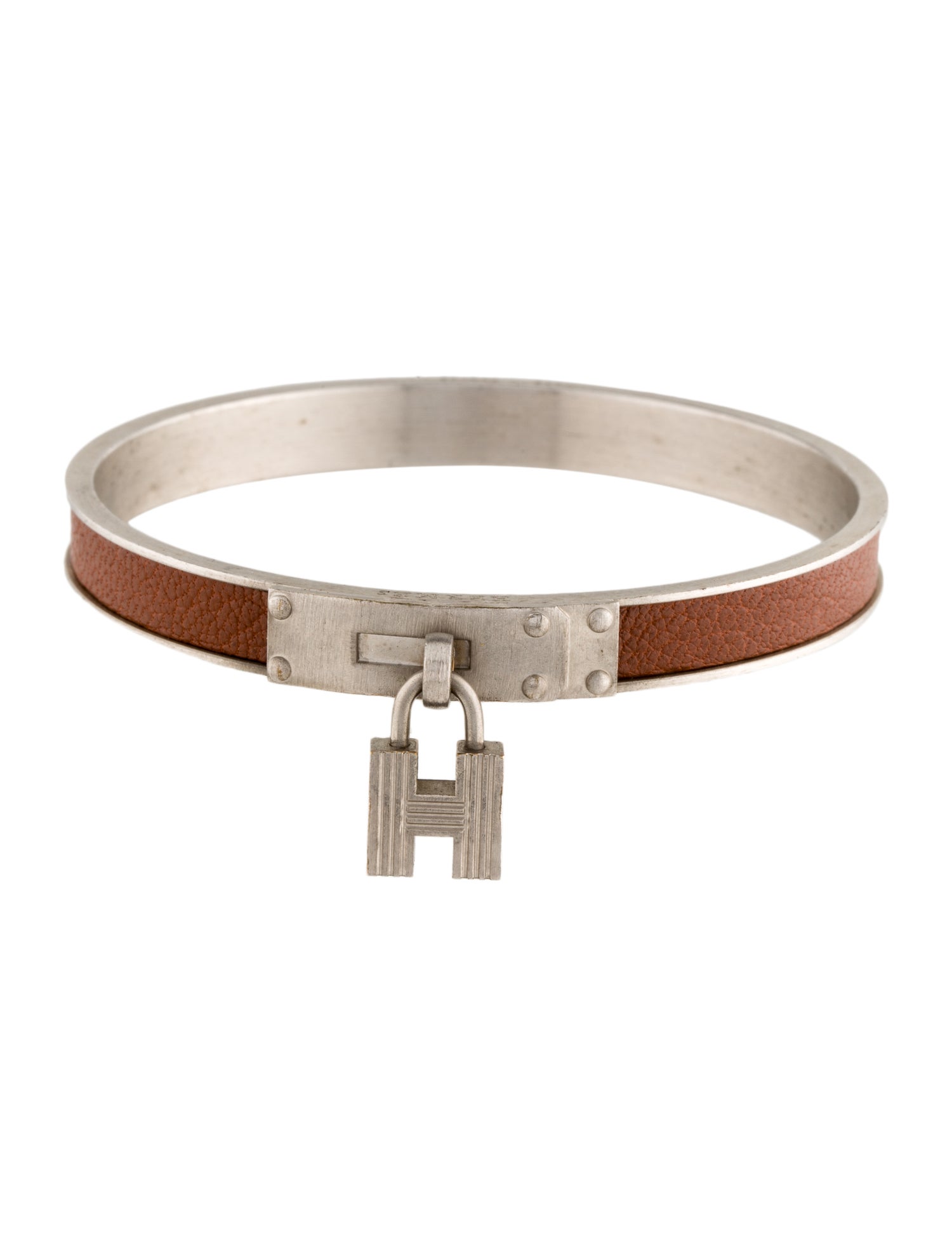 Hermès Leather Kelly H Charm Cadena Lock Bangle - Brown, Palladium ...