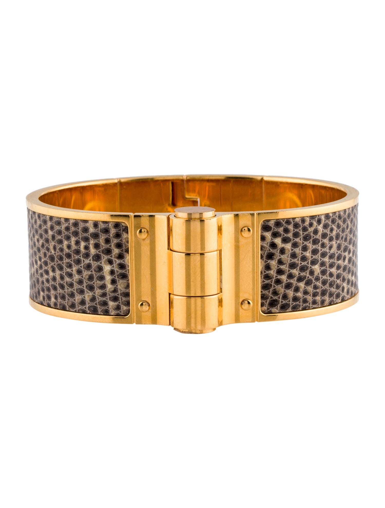 Hermès Lizard Wide Hinged Bracelet - 18K Yellow Gold-Plated Bangle ...