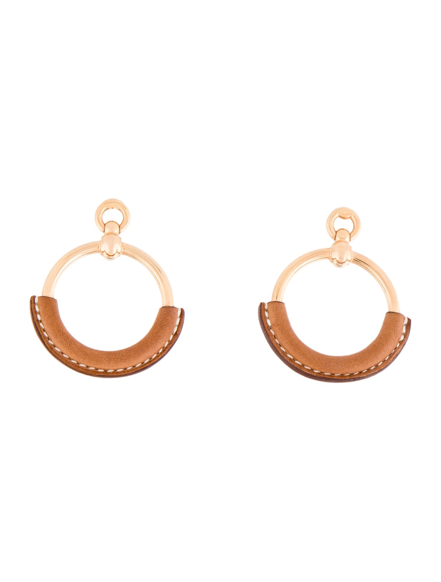 Hermès Loop Leather Hoop Earrings - Brown, 18K Yellow Gold-Plated Hoop ...