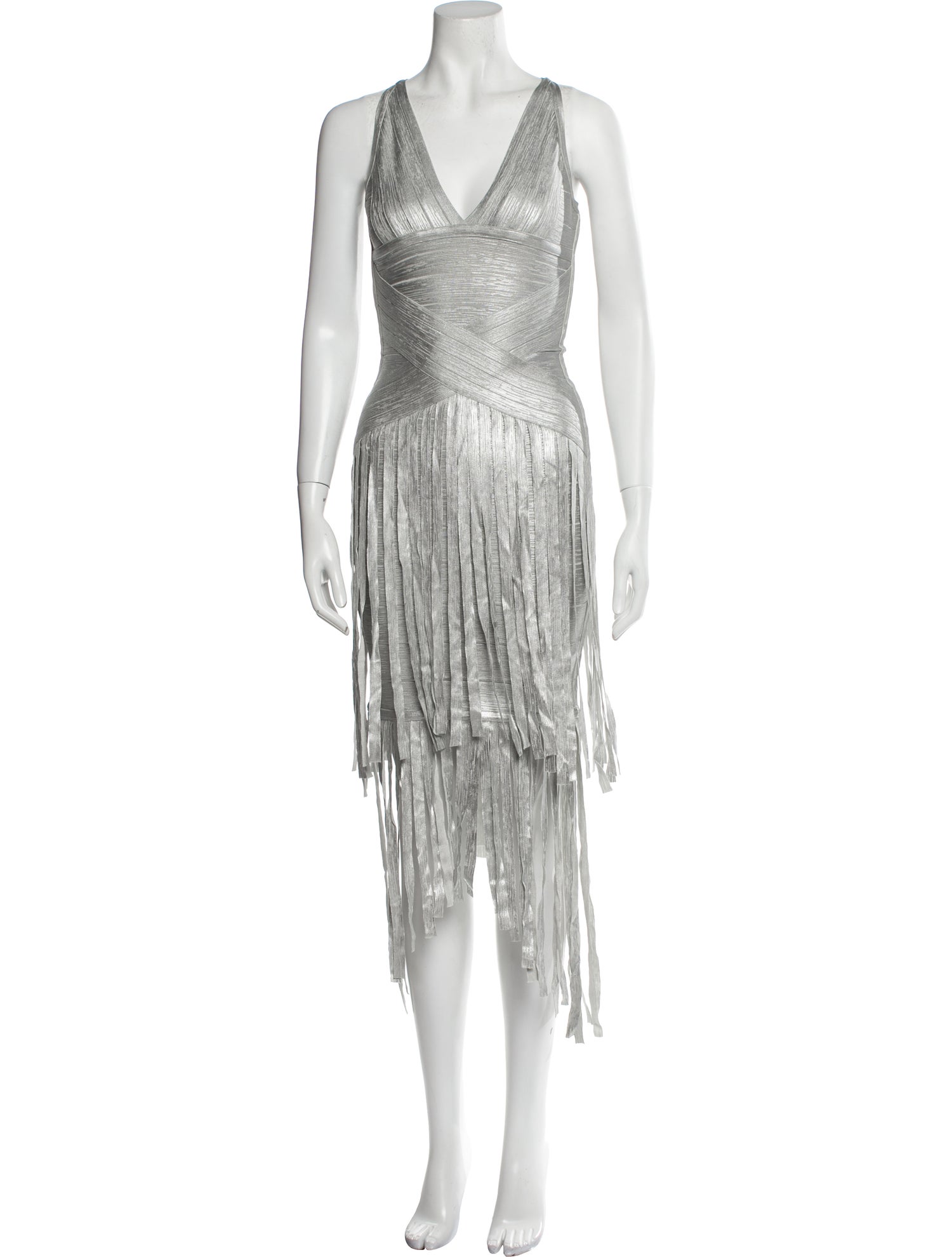 Herve Leger V-Neck Midi Length Dress w/ Tags - Silver Dresses, Clothing ...