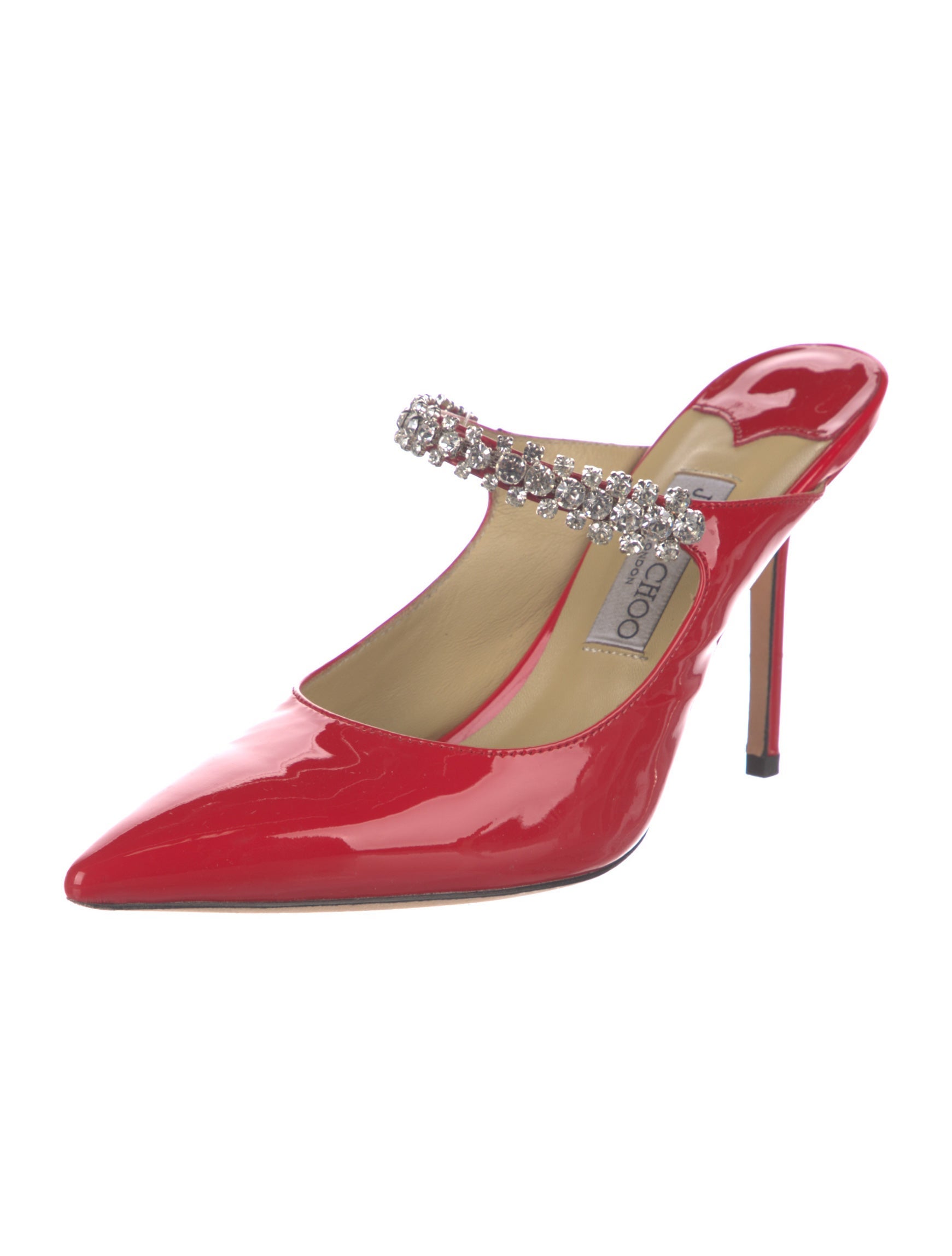 Jimmy Choo Patent Leather Crystal Embellishments Mules - Red Pumps ...