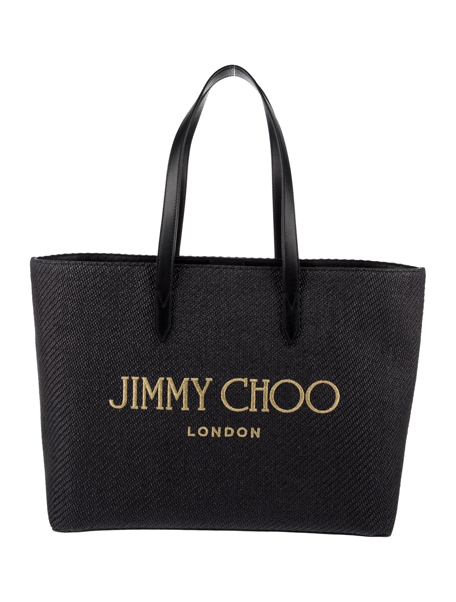 Jimmy Choo Logo Printed Raffia Leather Trimmed Tote Bag - Black Totes ...