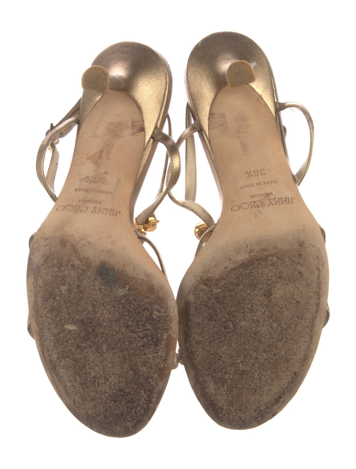 Jimmy Choo Leather Crystal Embellishments T-Strap Sandals - Gold ...