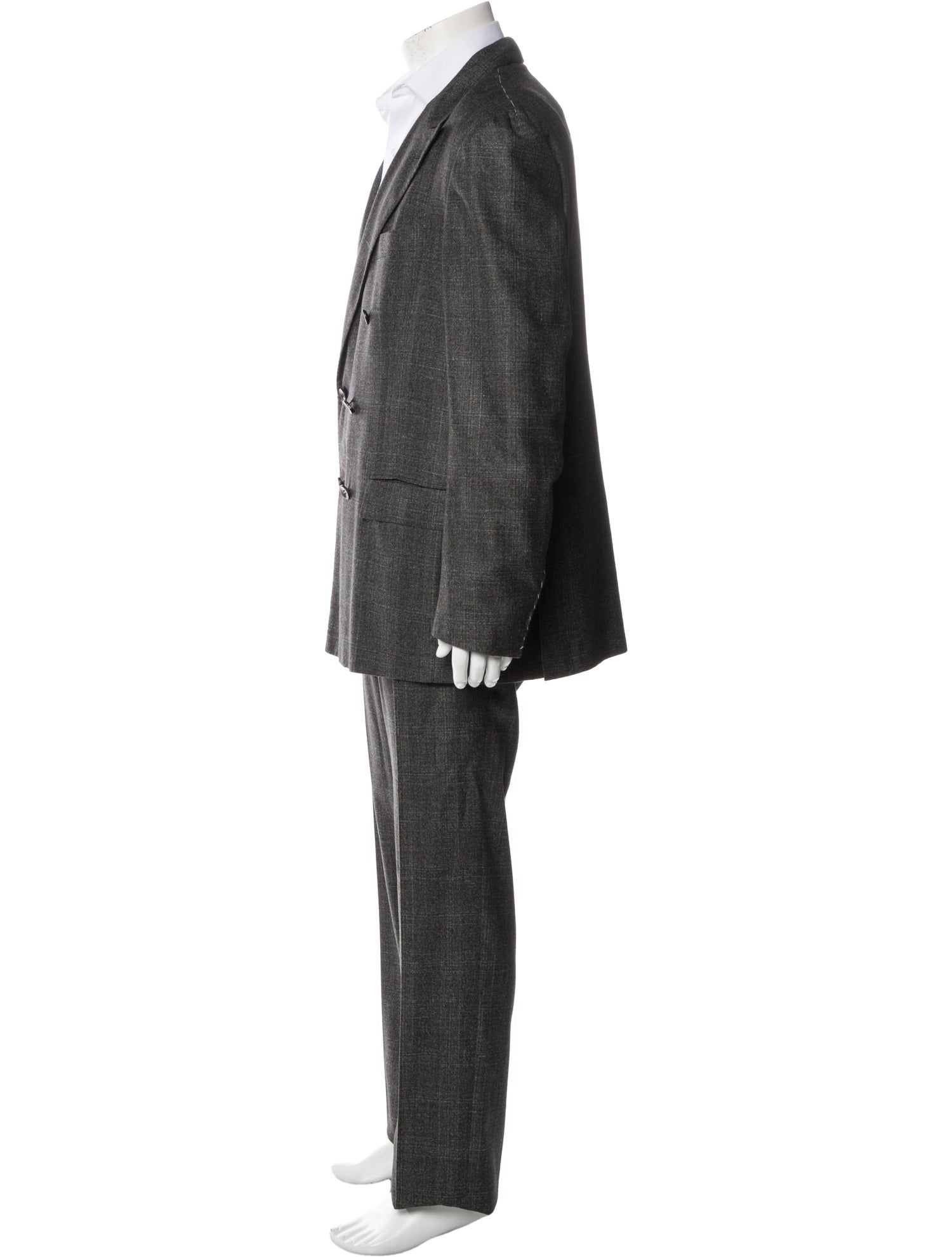 Kiton Cashmere Plaid Print Two-Piece Suit w/ Tags - Grey, 10.5" Rise ...