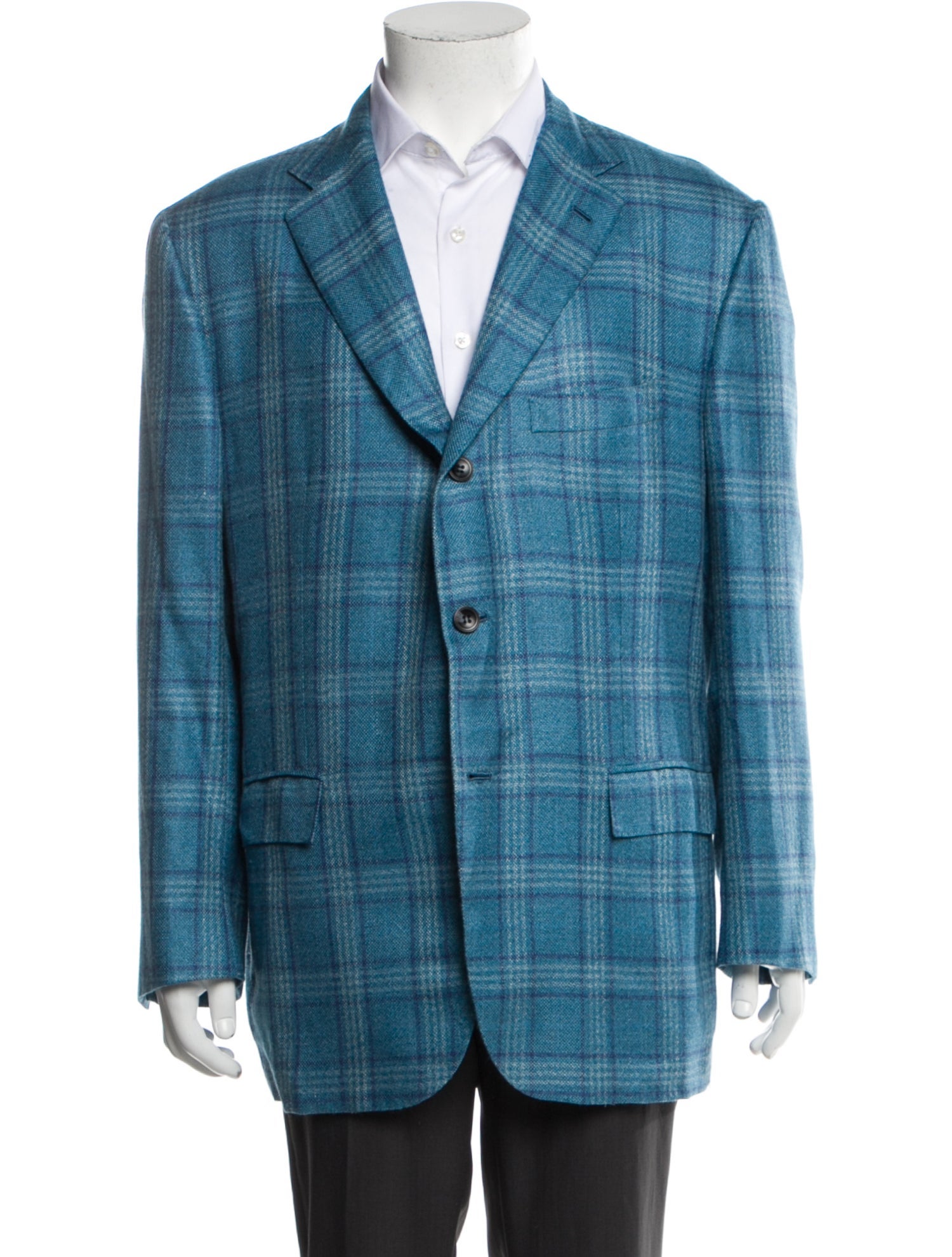 Kiton Cashmere Plaid Print Blazer - Blue Suiting, Clothing - KIT48738 ...