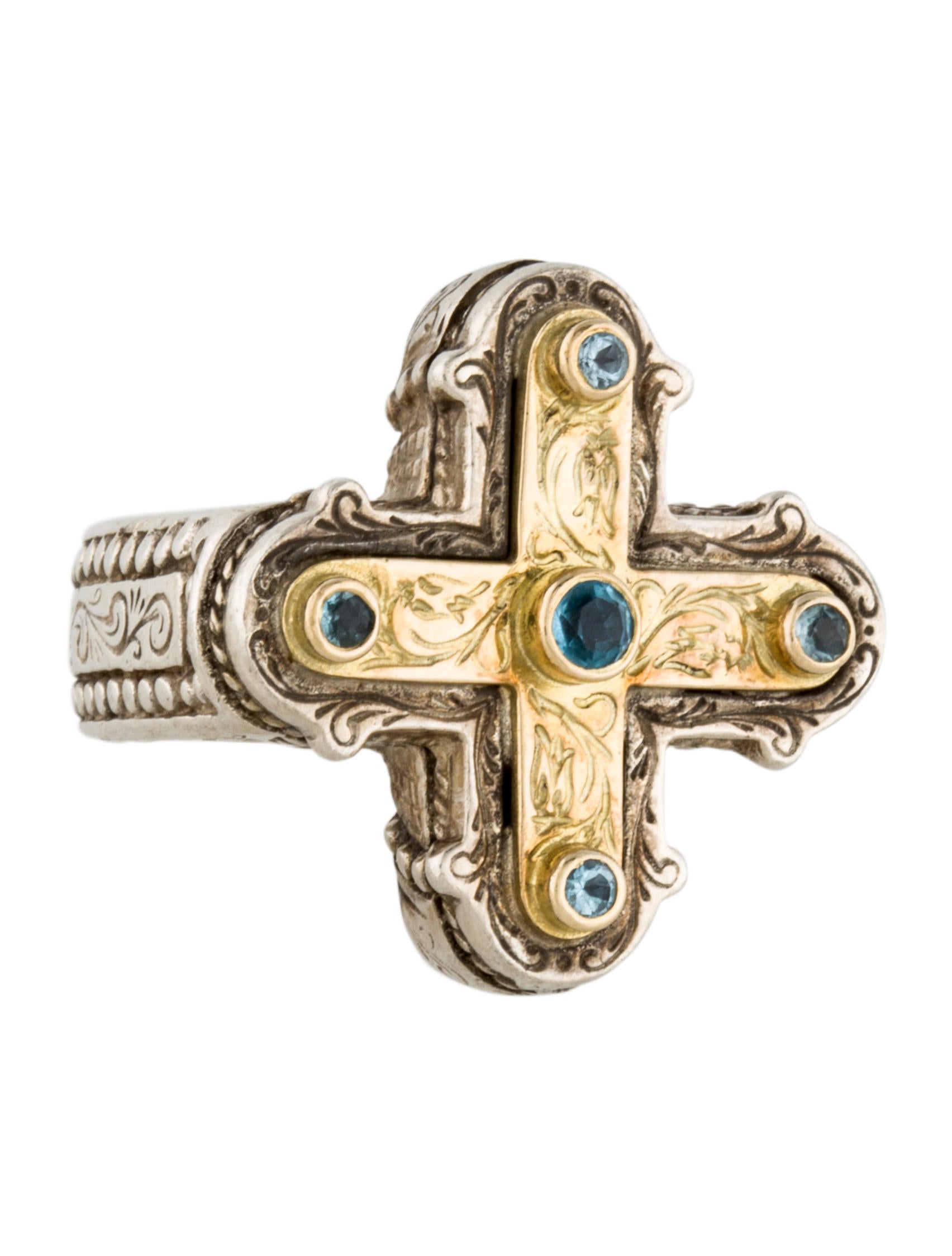 Konstantino Two-Tone Blue Topaz Cross Ring - 18K Yellow Gold Cocktail ...