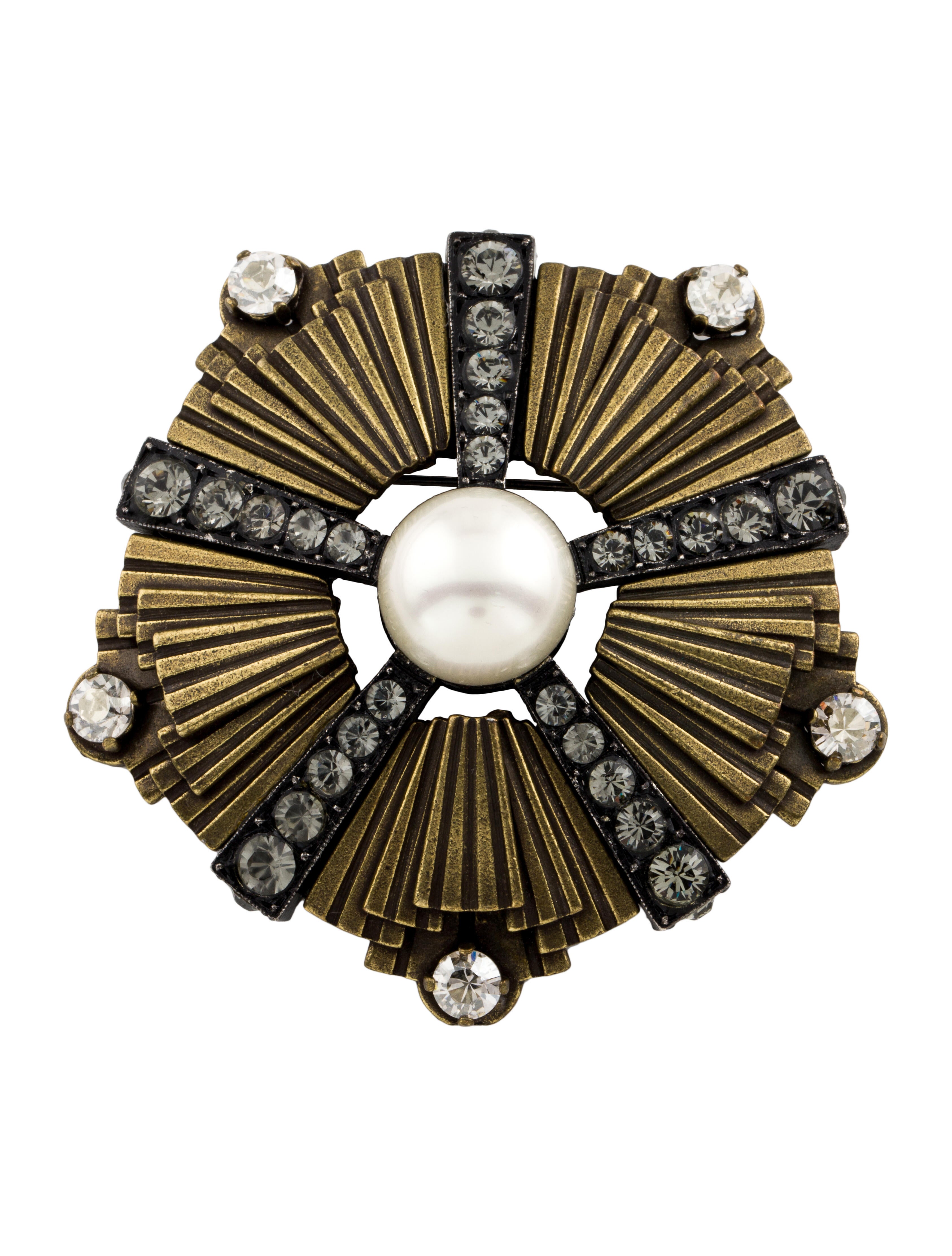 Lanvin Crystal & Faux Pearl Brooch Pendant - White, Gold-Tone Metal Pin ...