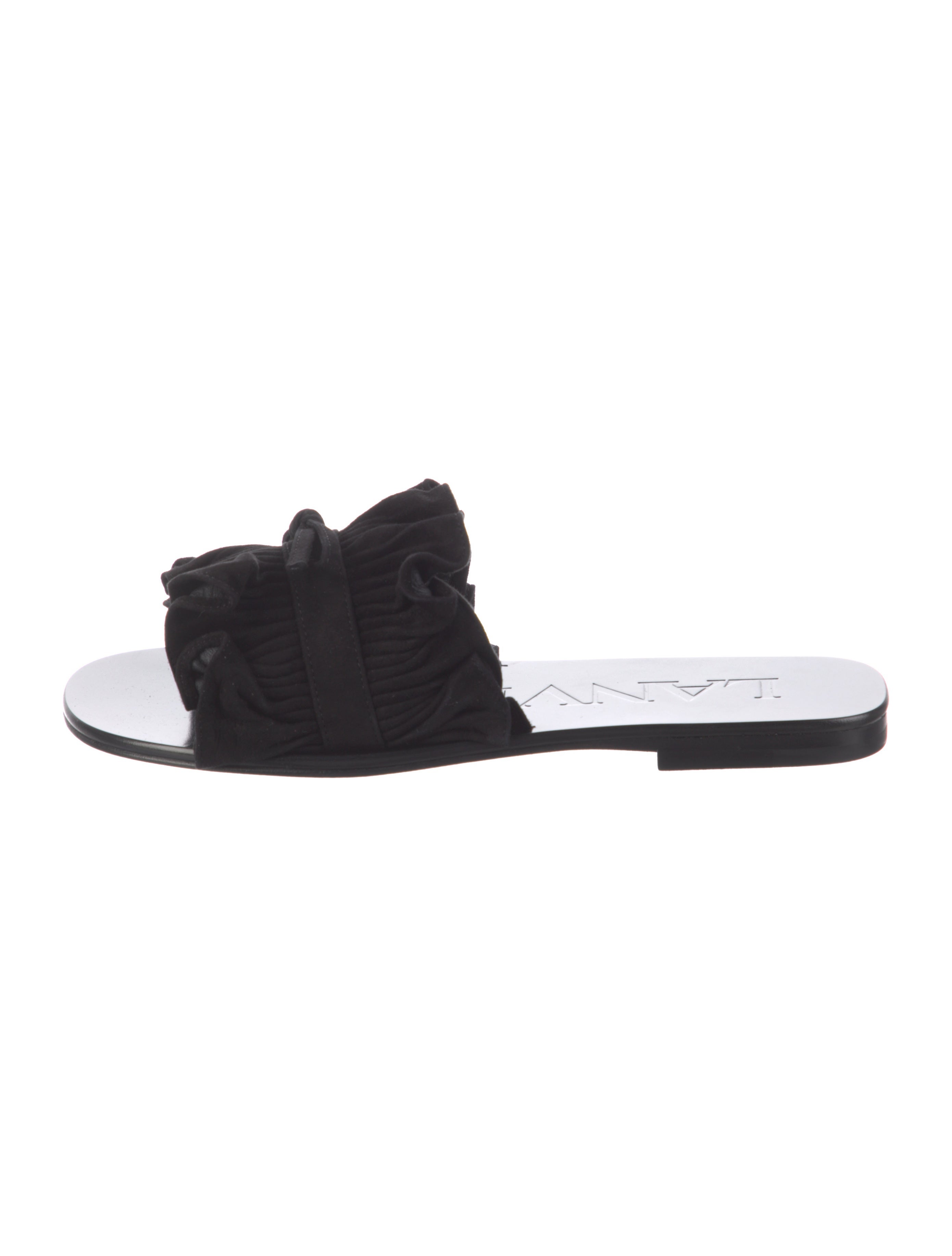 Lanvin Suede Ruffle Embellishment Slides - Black Sandals, Shoes ...