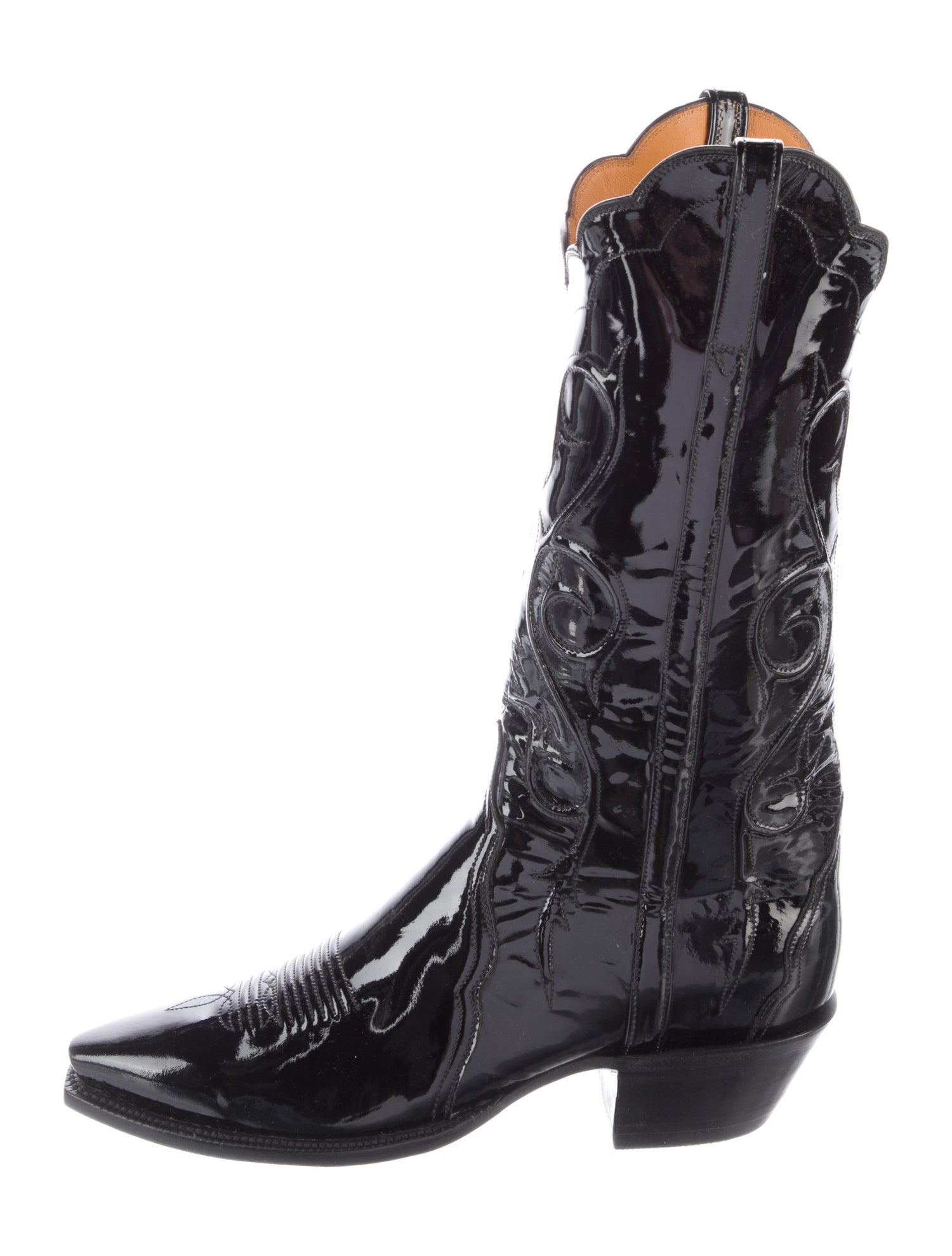 Lucchese Patent Leather Embroidered Accent Western Boots - Black Boots ...