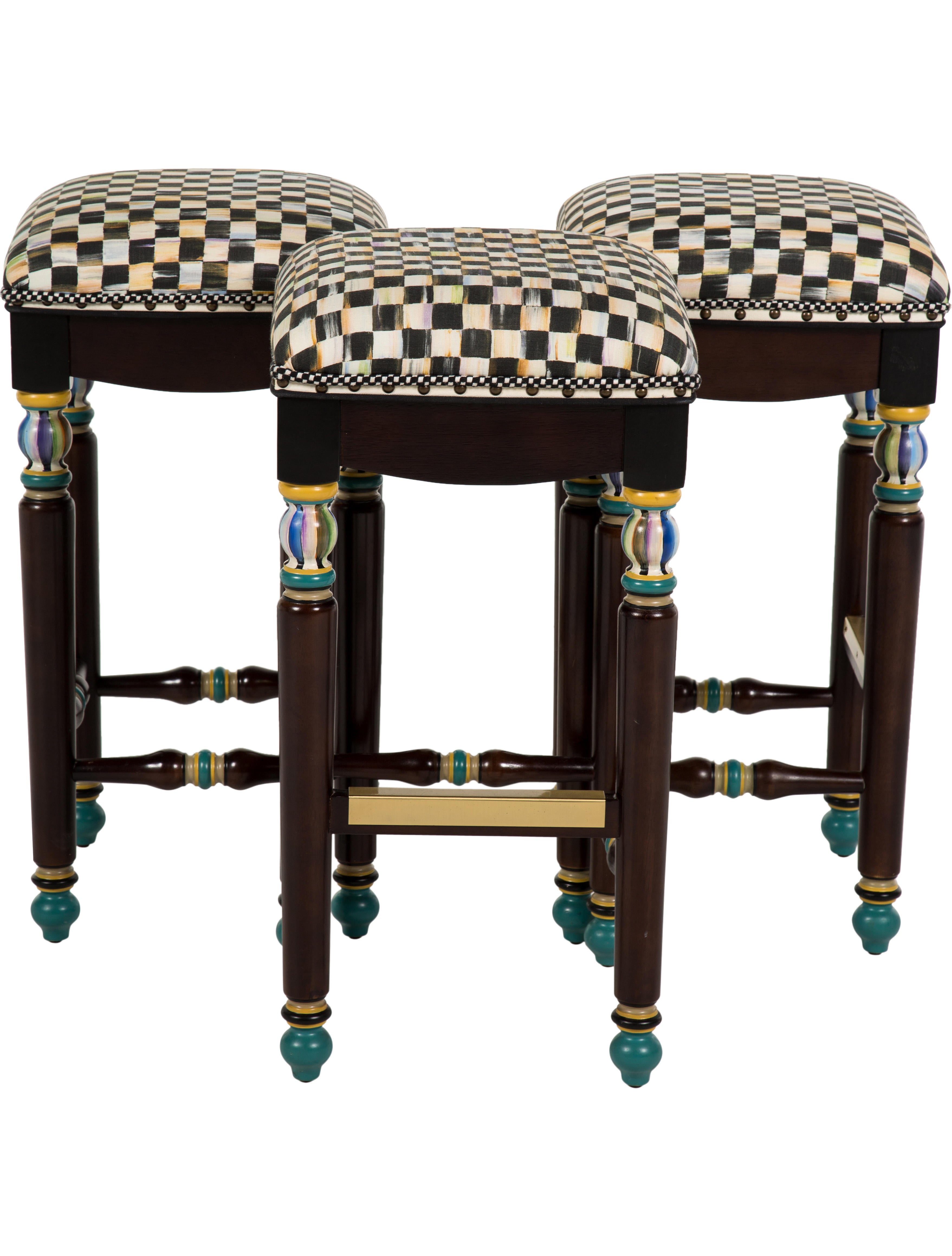 MacKenzie-Childs Set of 3 Courtly Check Underpinnings Bar Stools - 3 ...