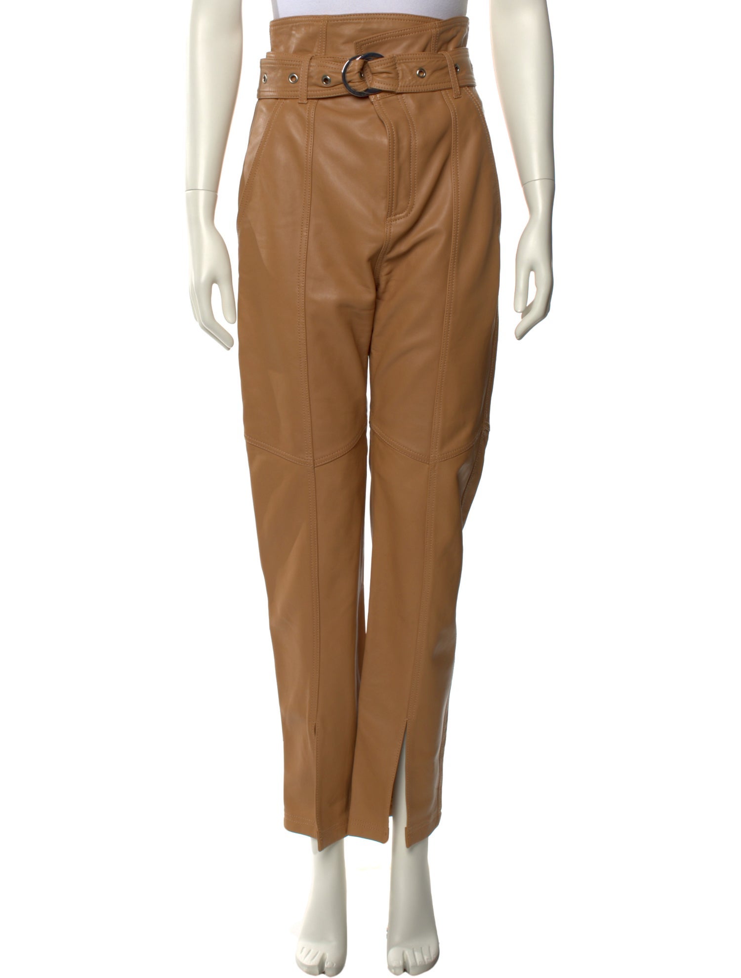 Marissa Webb Lamb Leather Straight Leg Pants - Brown, 15.75" Rise Pants ...