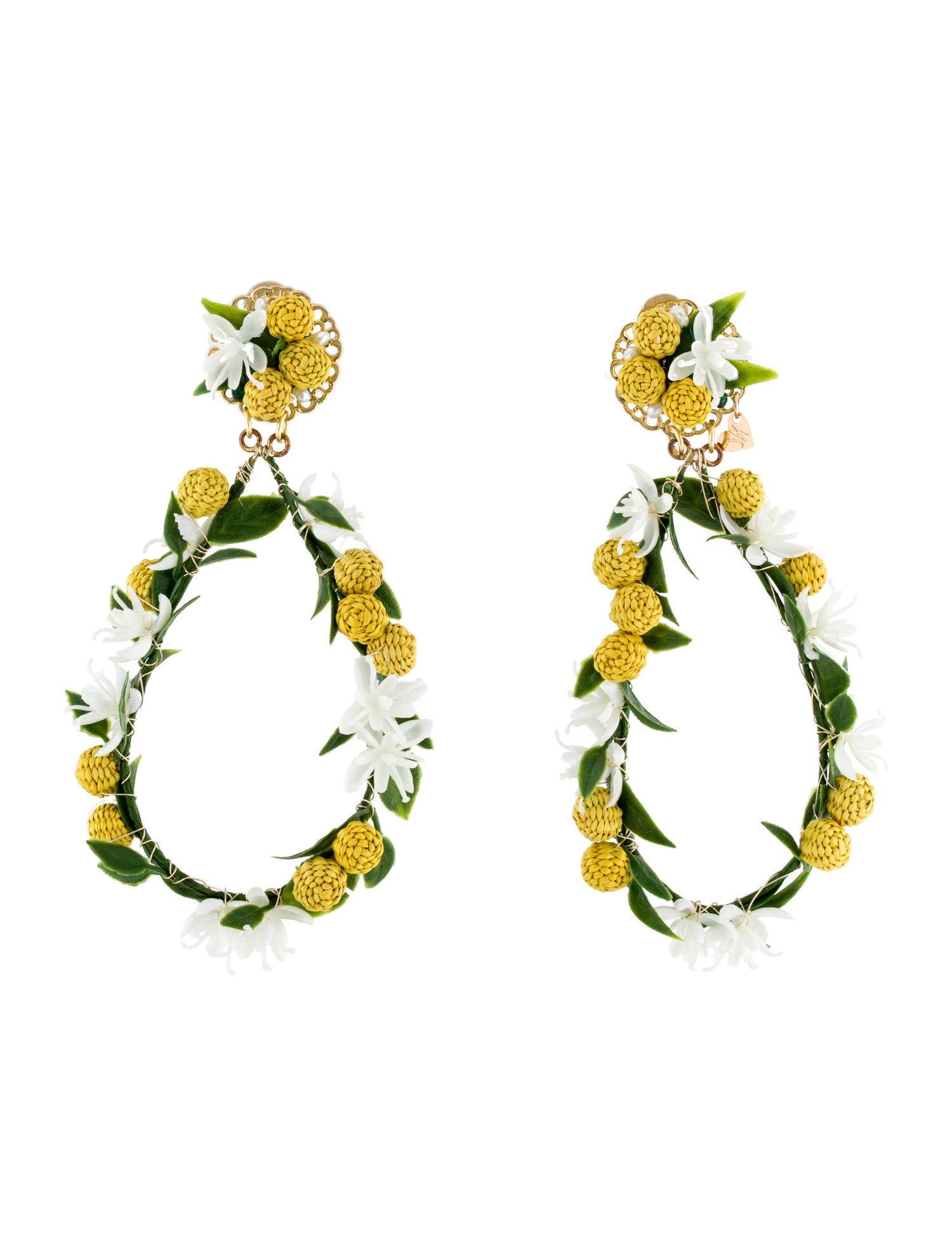 Mercedes Salazar Pearl, Raffia & Fake Flowers Lemon Hoop Drop Earrings ...