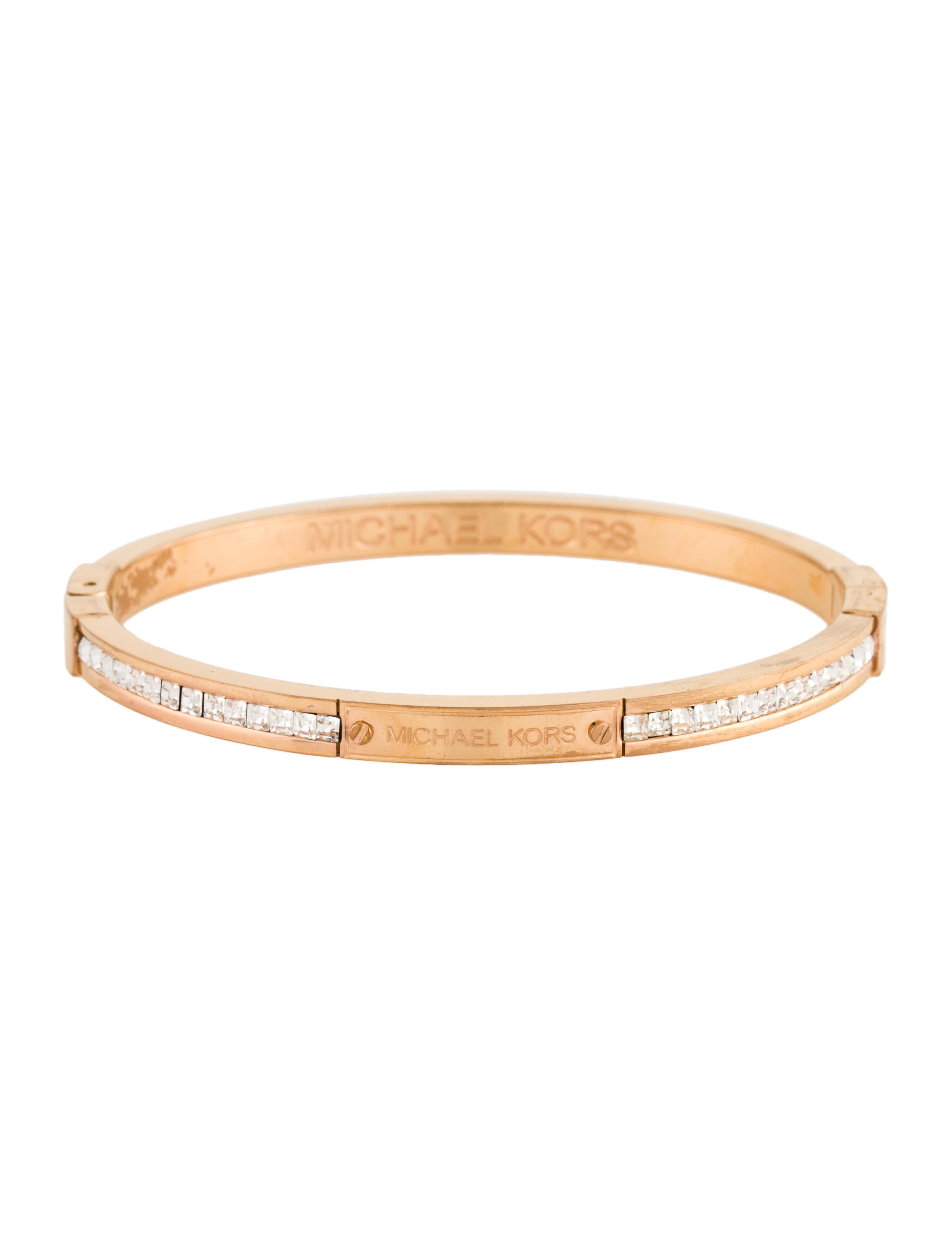 Michael Kors Crystal Logo Plaque Hinge Bangle - Gold-Tone Metal Bangle ...