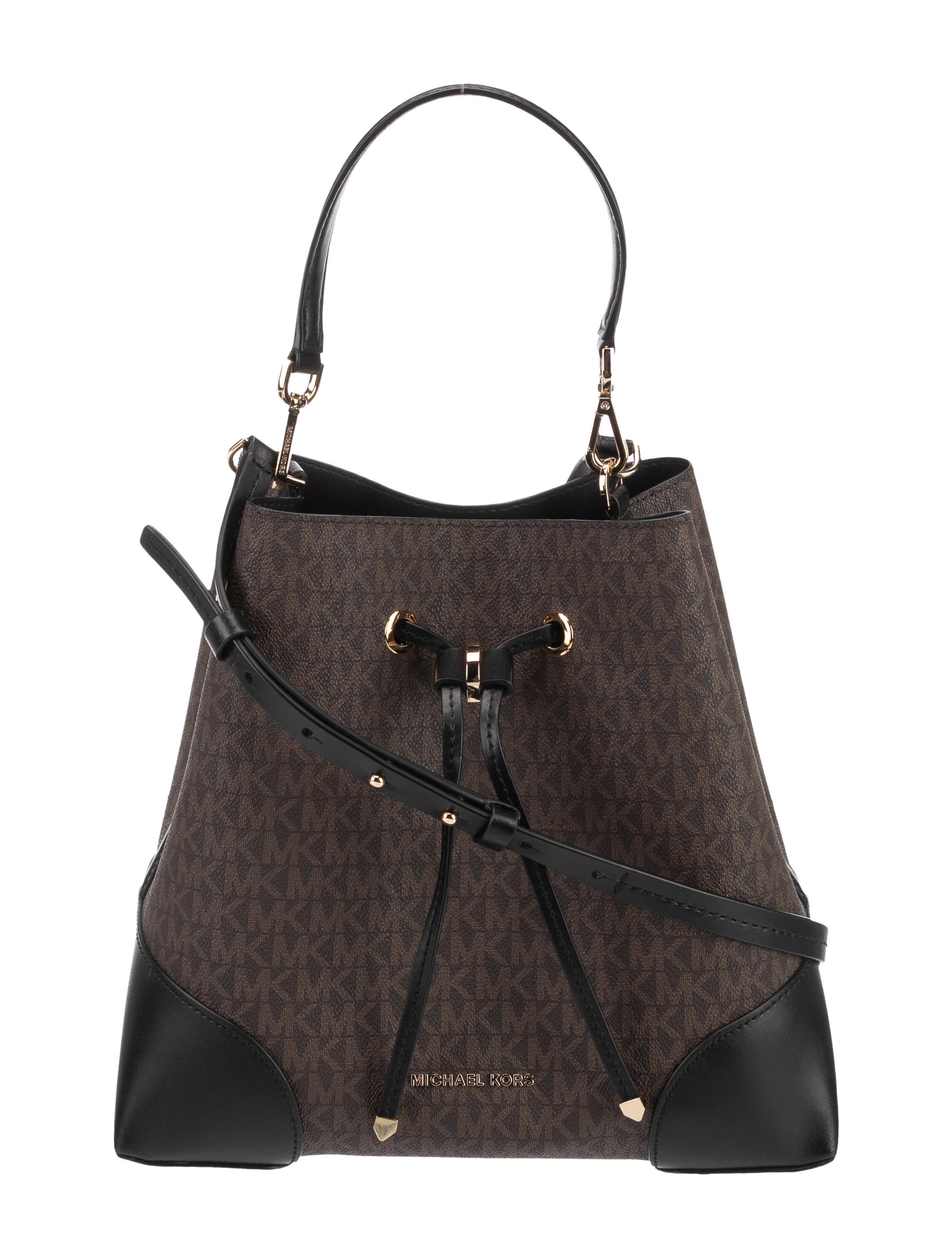Michael Kors Monogram Leather-Trimmed Bucket Bag - Brown Bucket Bags ...
