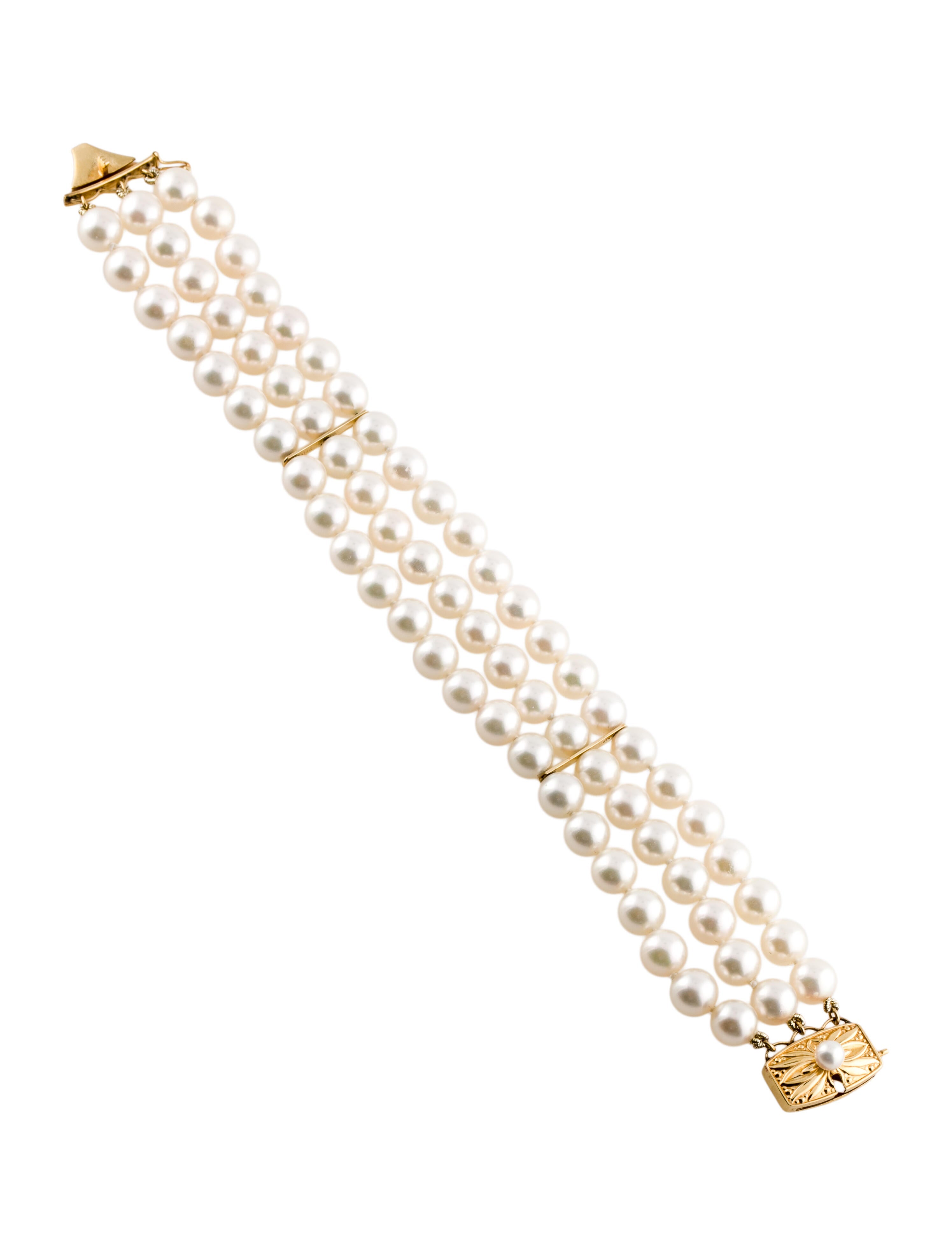 Mikimoto 18K Akoya Pearl 3 Row Bracelet - 18K Yellow Gold Multistrand, Bracelets - MIK24483 ...