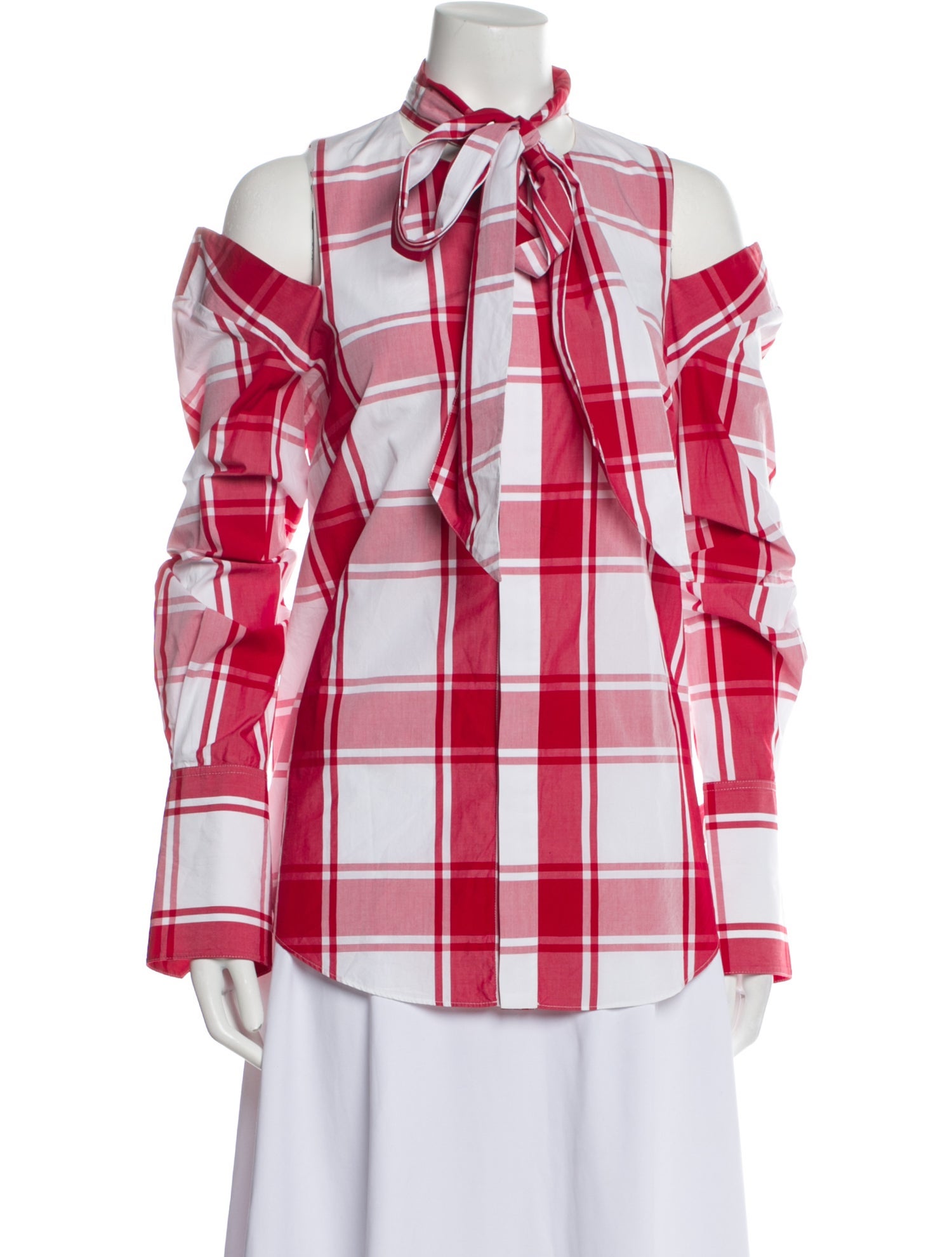 Monse Plaid Print Tie Neck Button-Up Top - Red Tops, Clothing ...