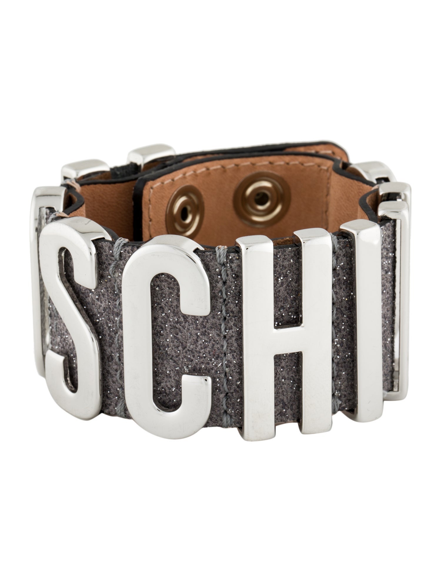 Moschino Leather Logo Wrap Bracelet - Grey, Silver-Tone Metal Cuff ...