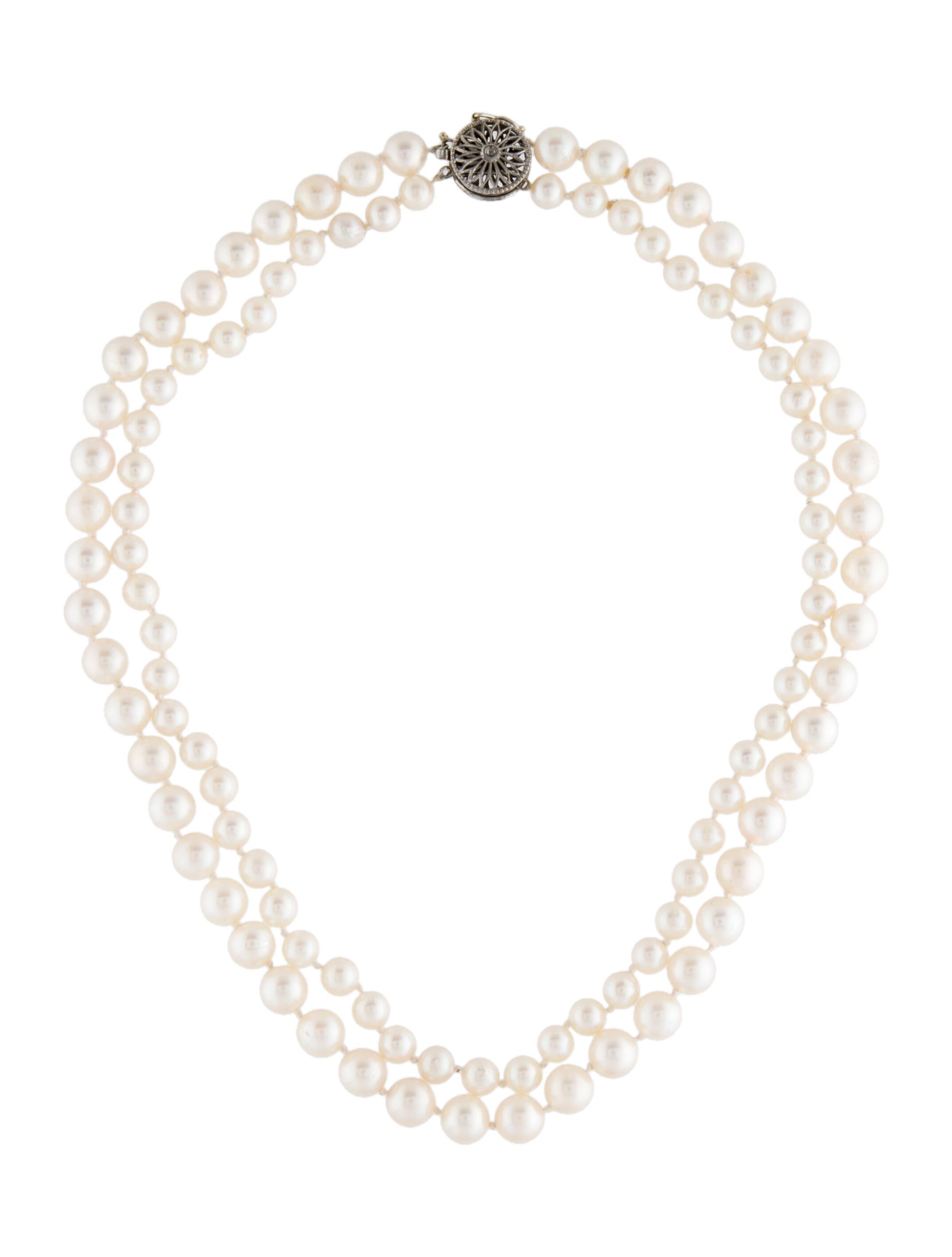 Necklace 14K Double Pearl Strand Necklace - 14K White Gold Multistrand ...
