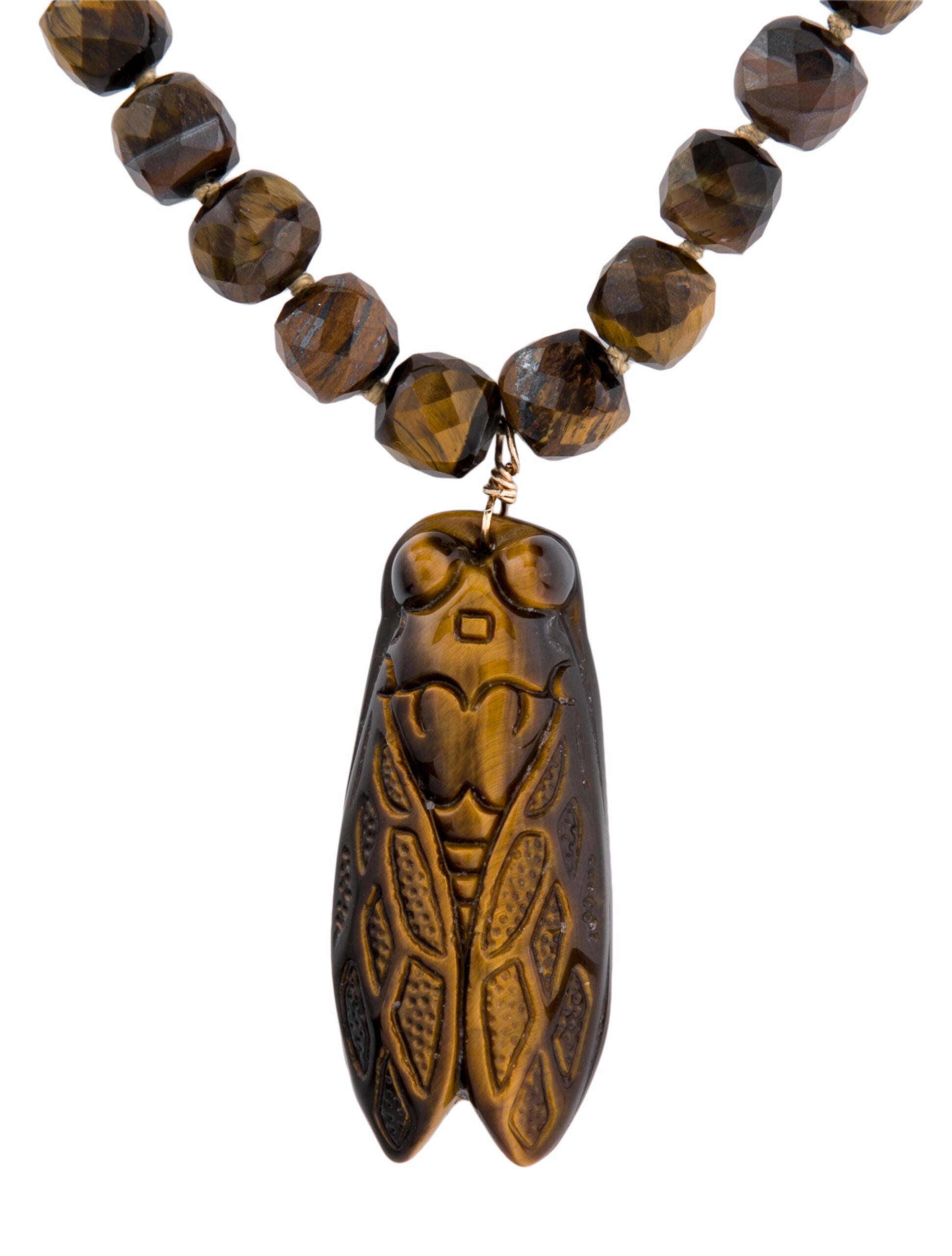 Necklace 14K Tiger's Eye Cicada Pendant Necklace - 14K Yellow Gold Bead ...