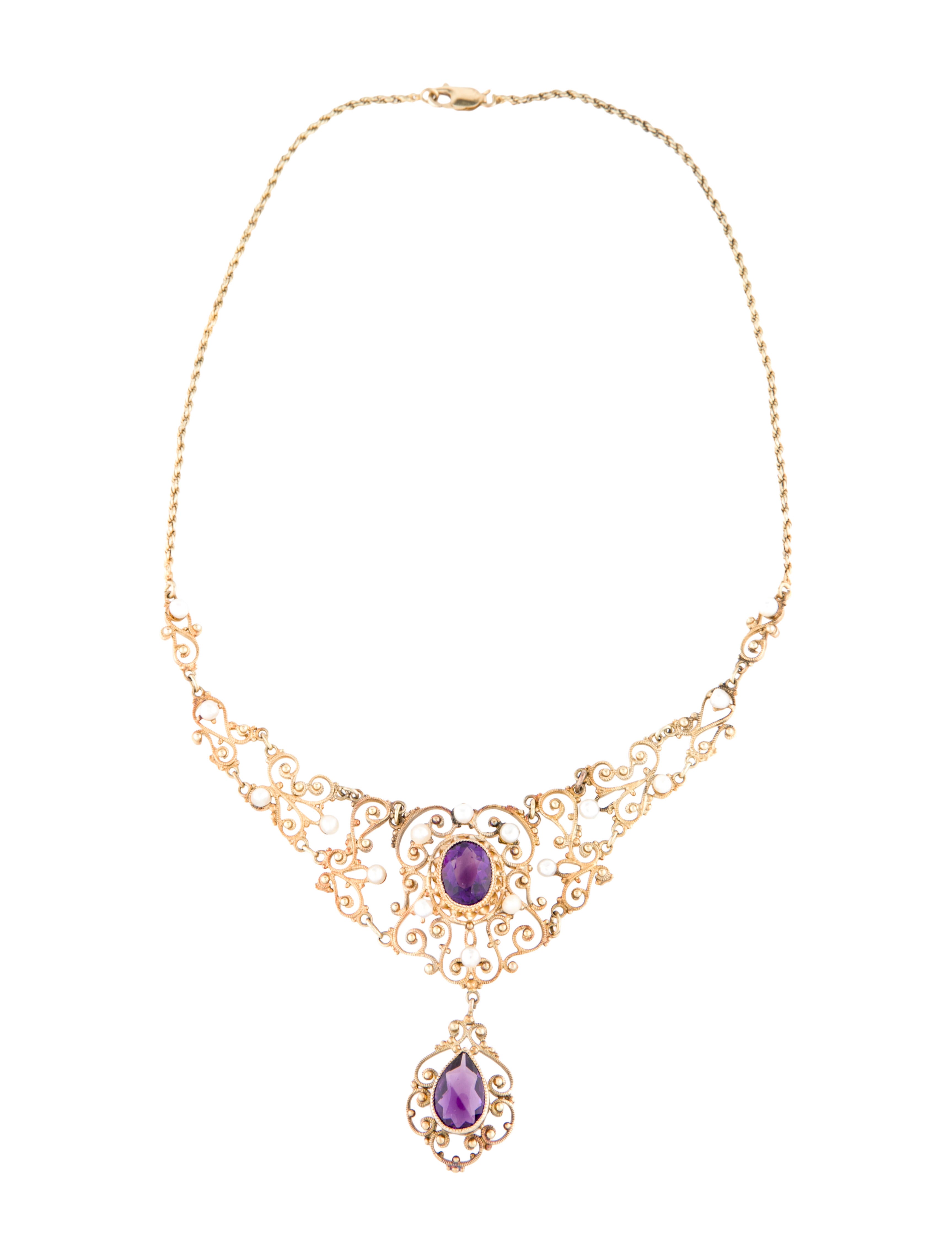 Necklace 14K Pearl & Amethyst Filigree Collar Necklace - 14K Yellow ...