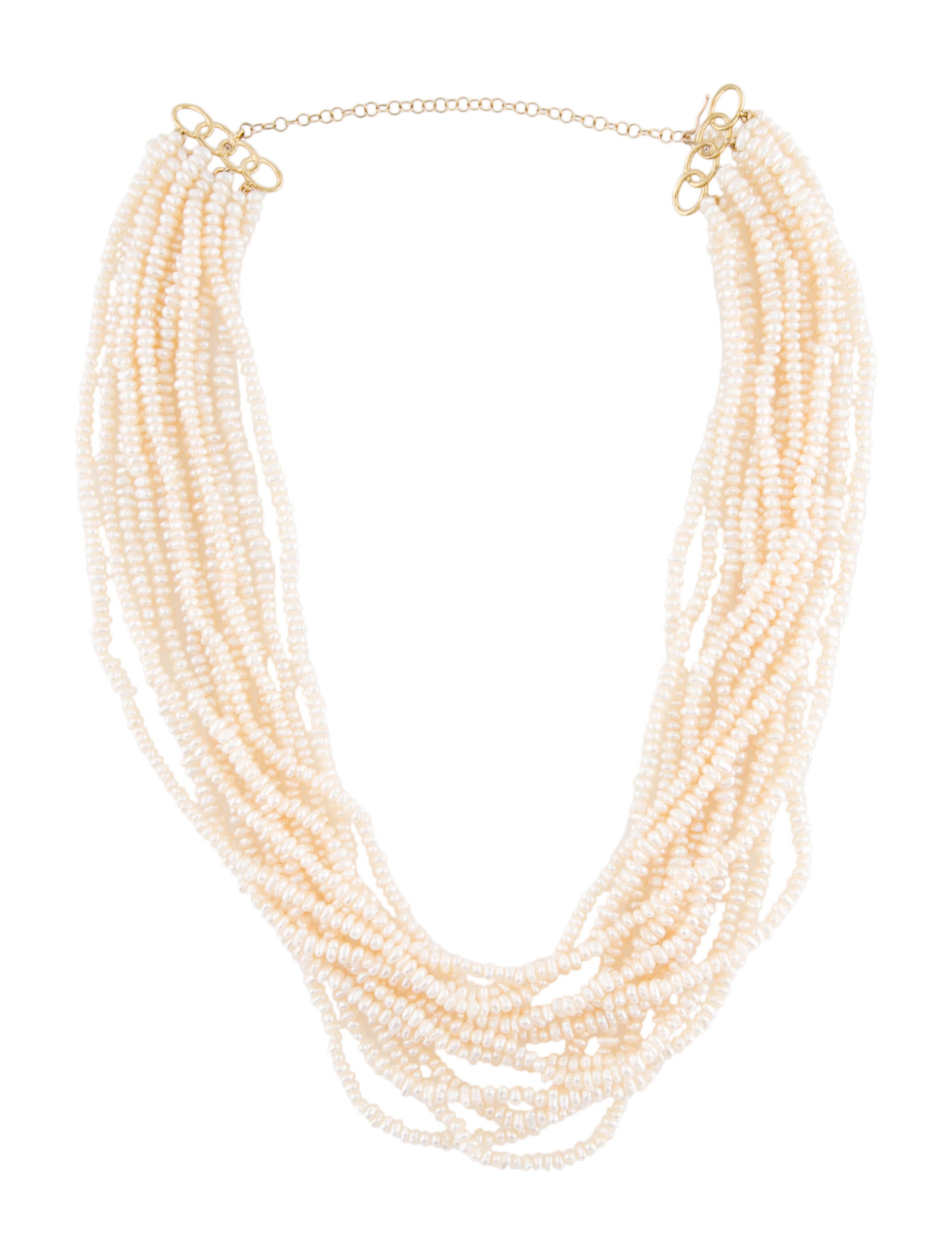 Necklace 14K Diamond & Pearl Multi Strand Bead Necklace - 14K Yellow ...