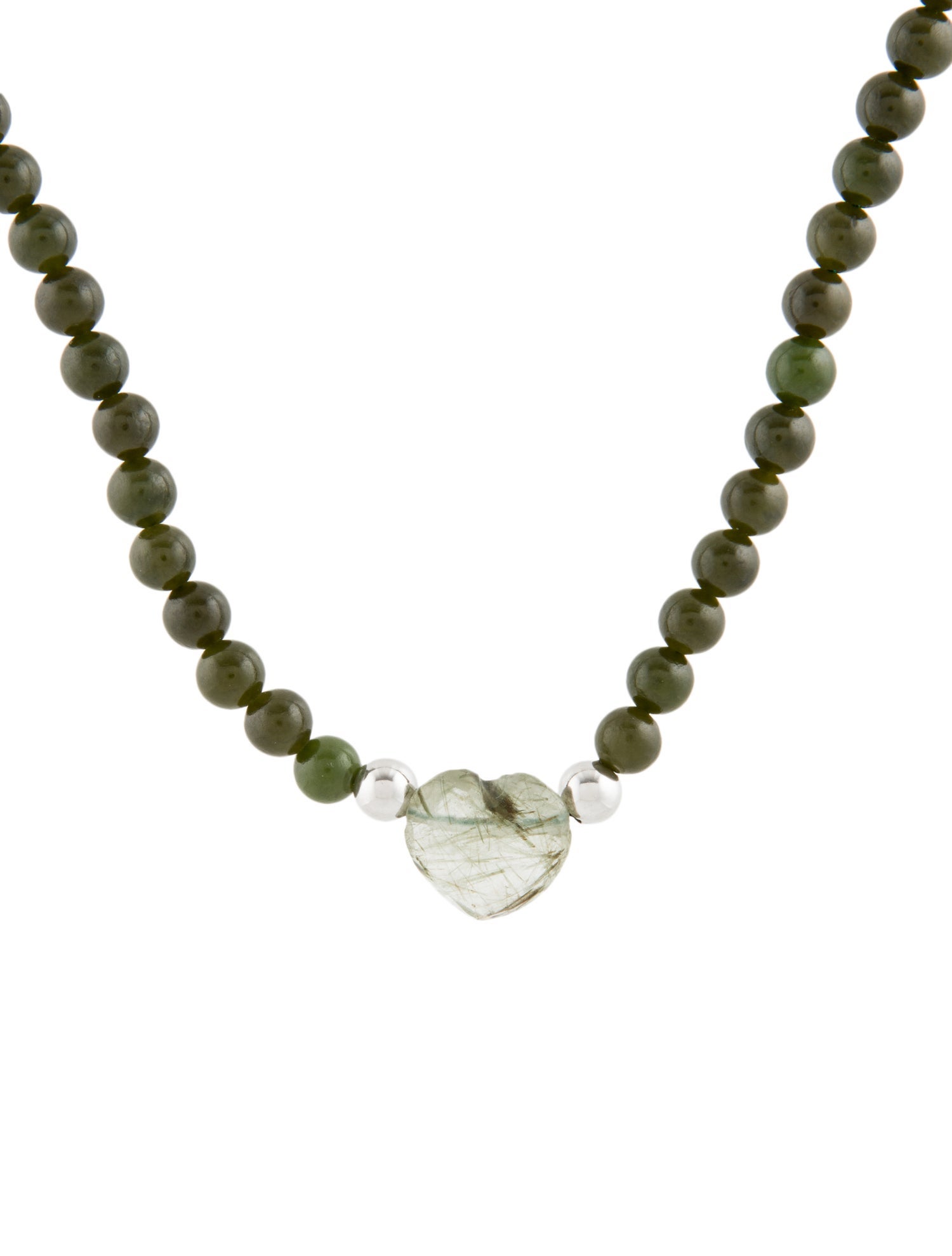 Necklace 14K Sagenitic Quartz & Nephrite Beaded Necklace - Rhodium ...
