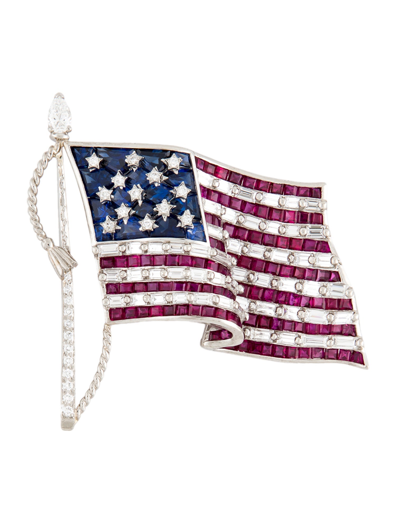 Oscar Heyman Platinum Diamond, Ruby & Sapphire American Flag Brooch ...