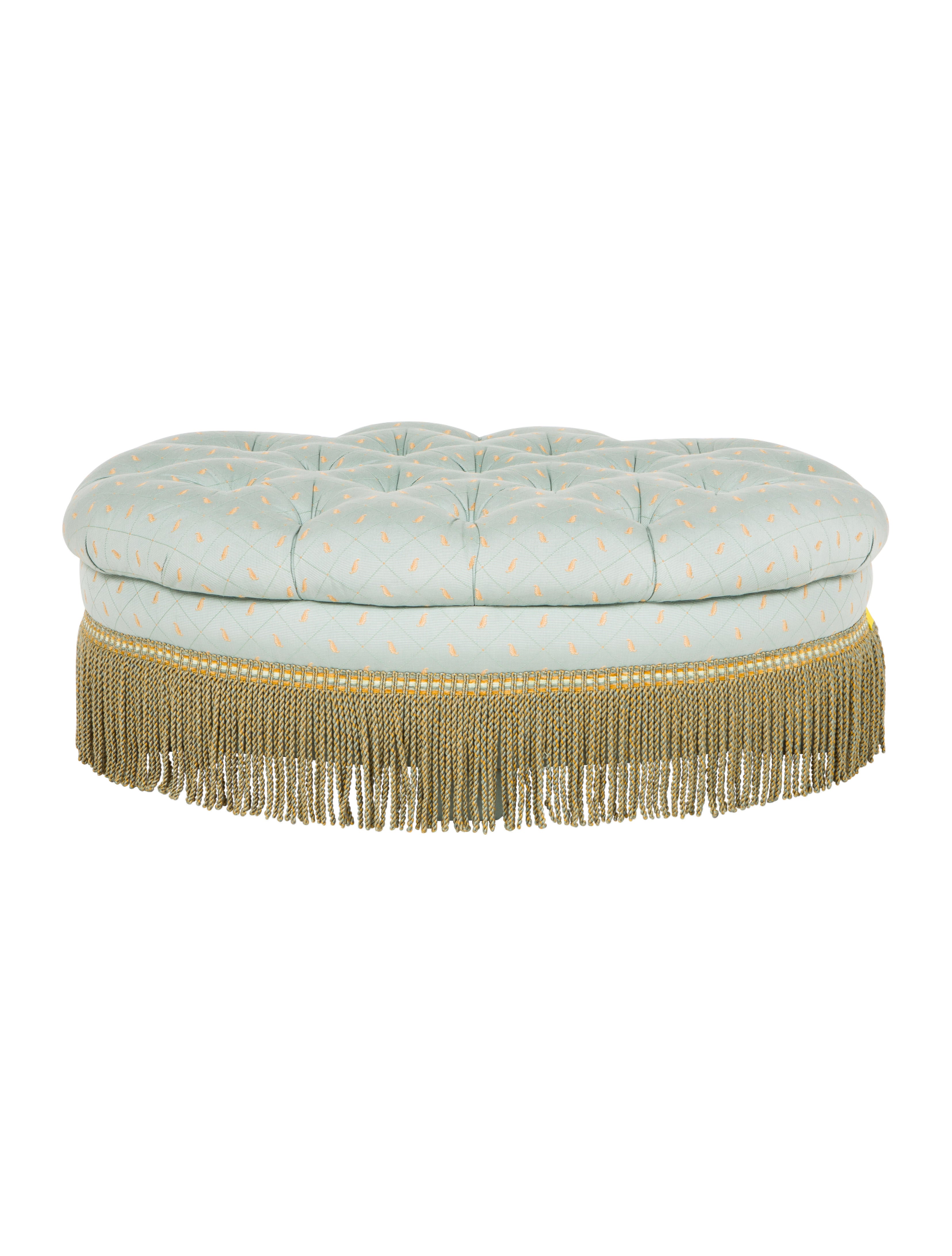 Ottoman Tufted Ottoman with Fringe Trim - Blue Ottomans & Benches ...