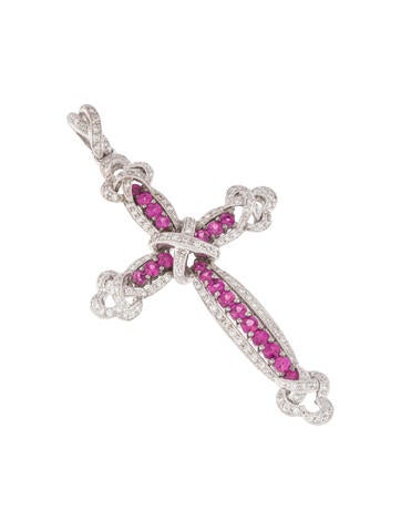 18K Diamond & Pink Sapphire Cross Pendant - Necklaces - PENDA22449 ...
