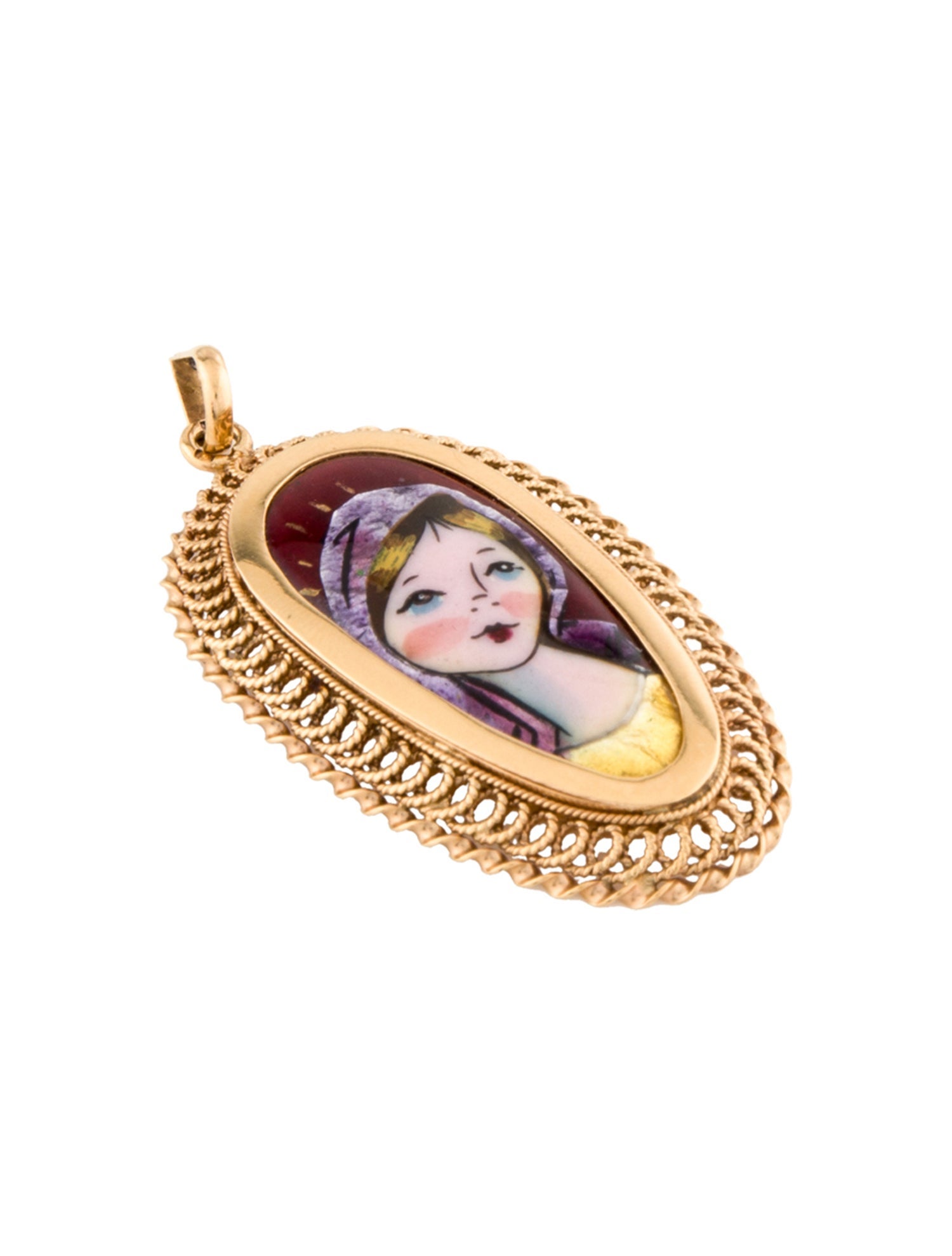 Pendant 19K Enamel Portrait Pendant - 19K Yellow Gold Pendant Necklace ...
