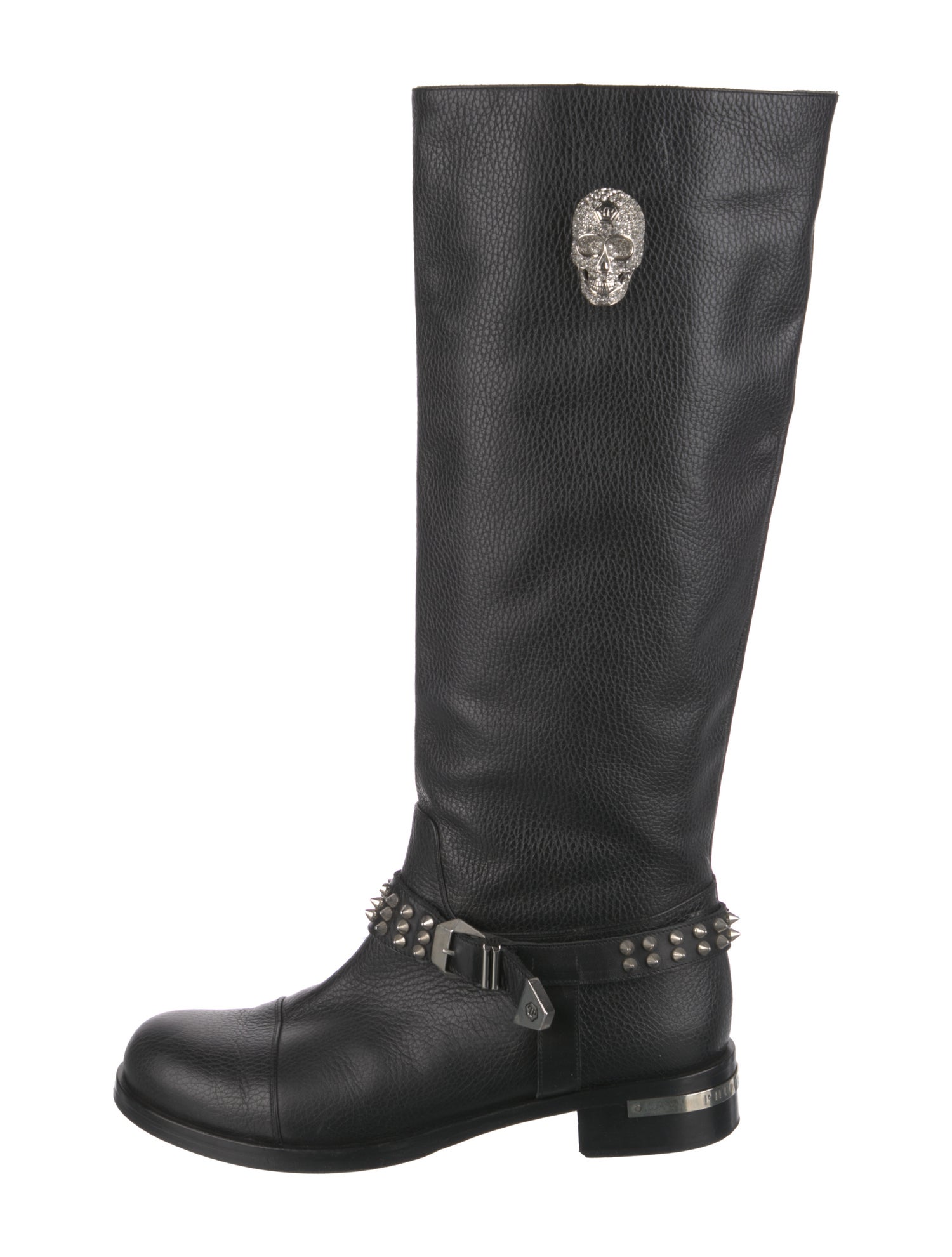Philipp Plein Leather Studded Accents Riding Boots - Black Boots, Shoes ...