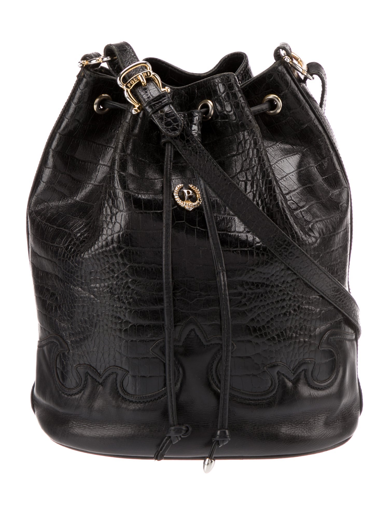 Pollini Embossed Leather Bucket Bag - Black Shoulder Bags, Handbags ...