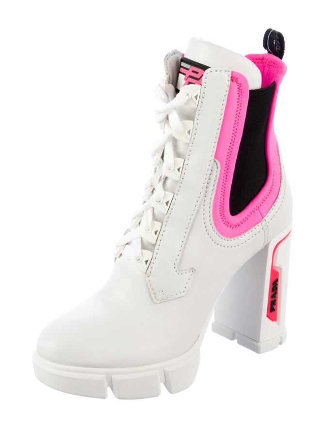 Prada Leather Colorblock Pattern Lace-Up Boots - Pink Boots, Shoes ...