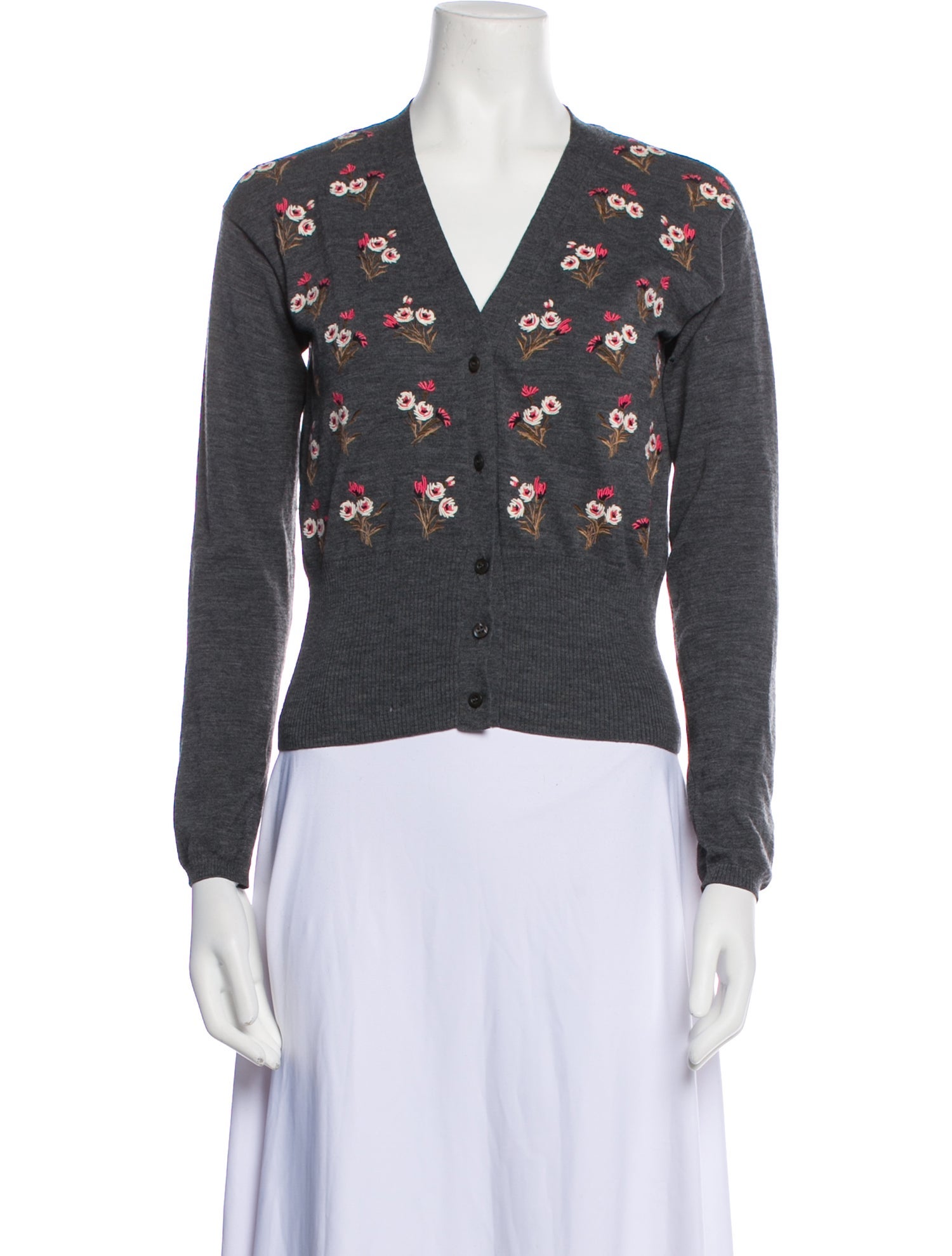 Prada Virgin Wool Floral Print Sweater - Grey Knitwear, Clothing ...