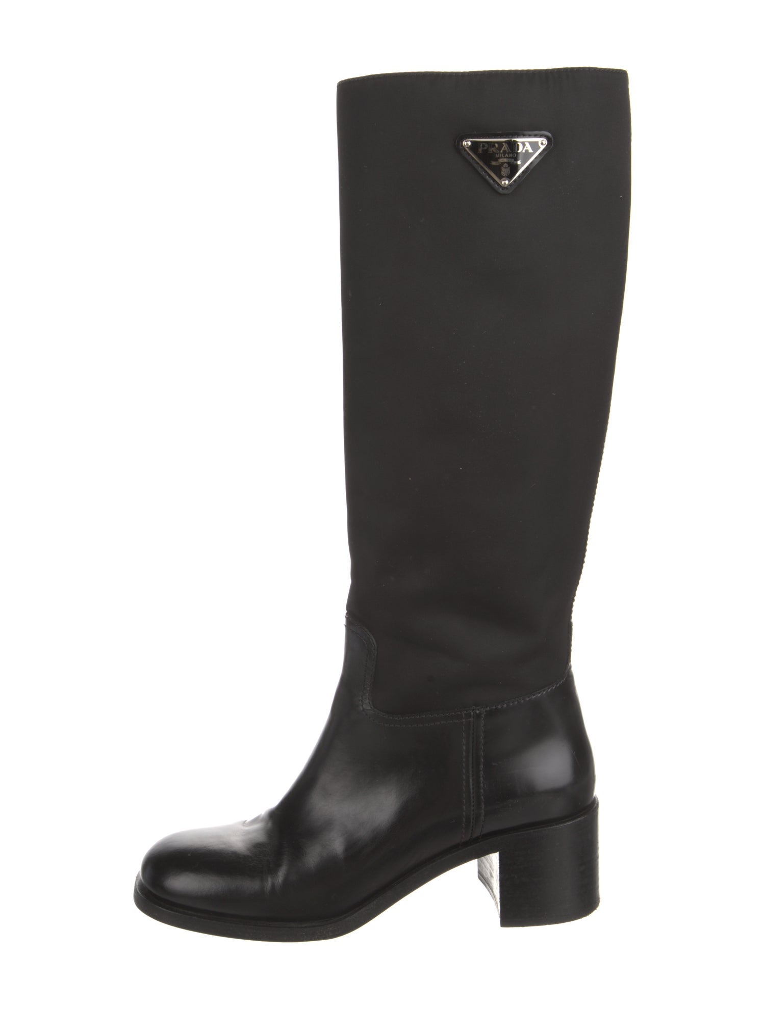 Prada Enameled Metal Triangle Leather Riding Boots - Black Boots, Shoes ...