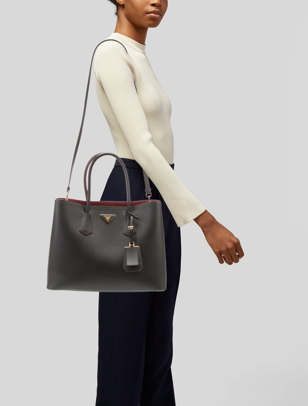 Prada Saffiano Cuir Leather Double Bag Medium - Black Handle Bags, Handbags - PRA1068558 | The ...