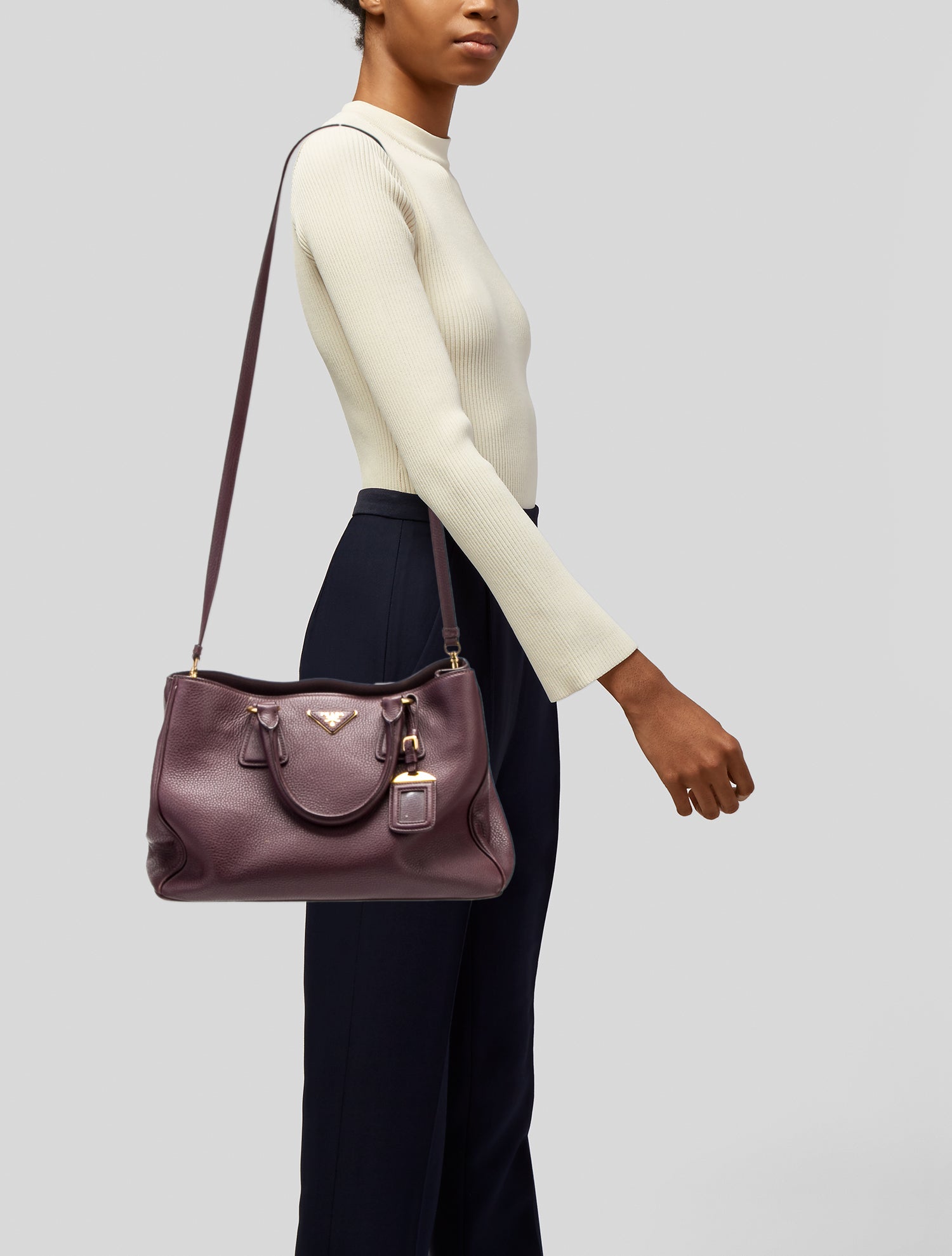 Prada Leather Dark Bordeaux Purple Daino Leather Two Way Tote Bag Large ...