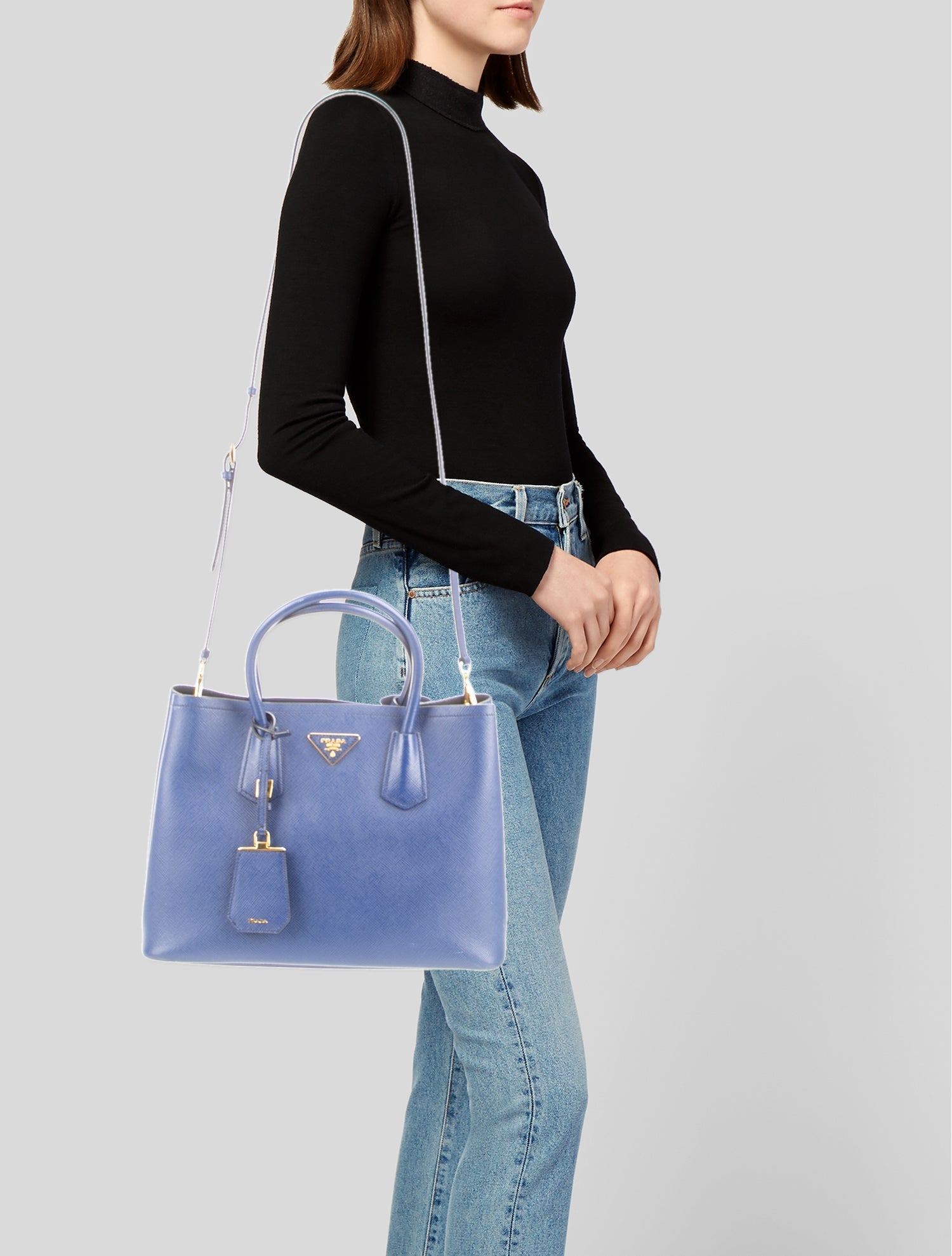Prada Saffiano Leather Double Bag Medium - Blue Totes, Handbags ...