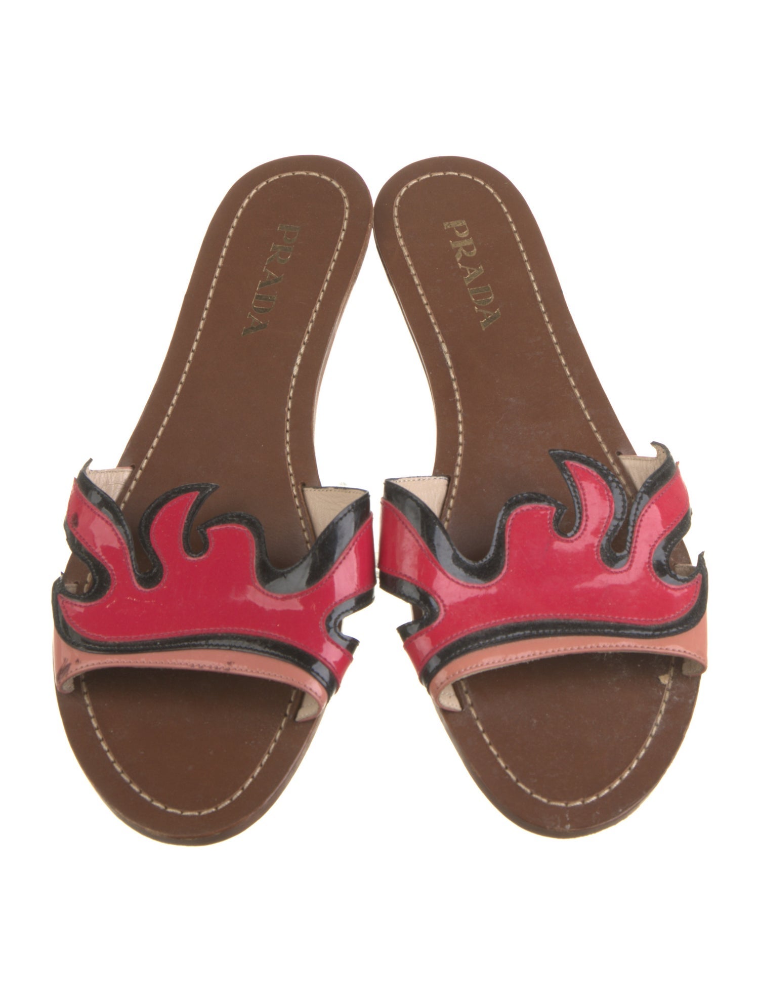 Prada Patent Leather Colorblock Pattern Slides - Brown Sandals, Shoes ...
