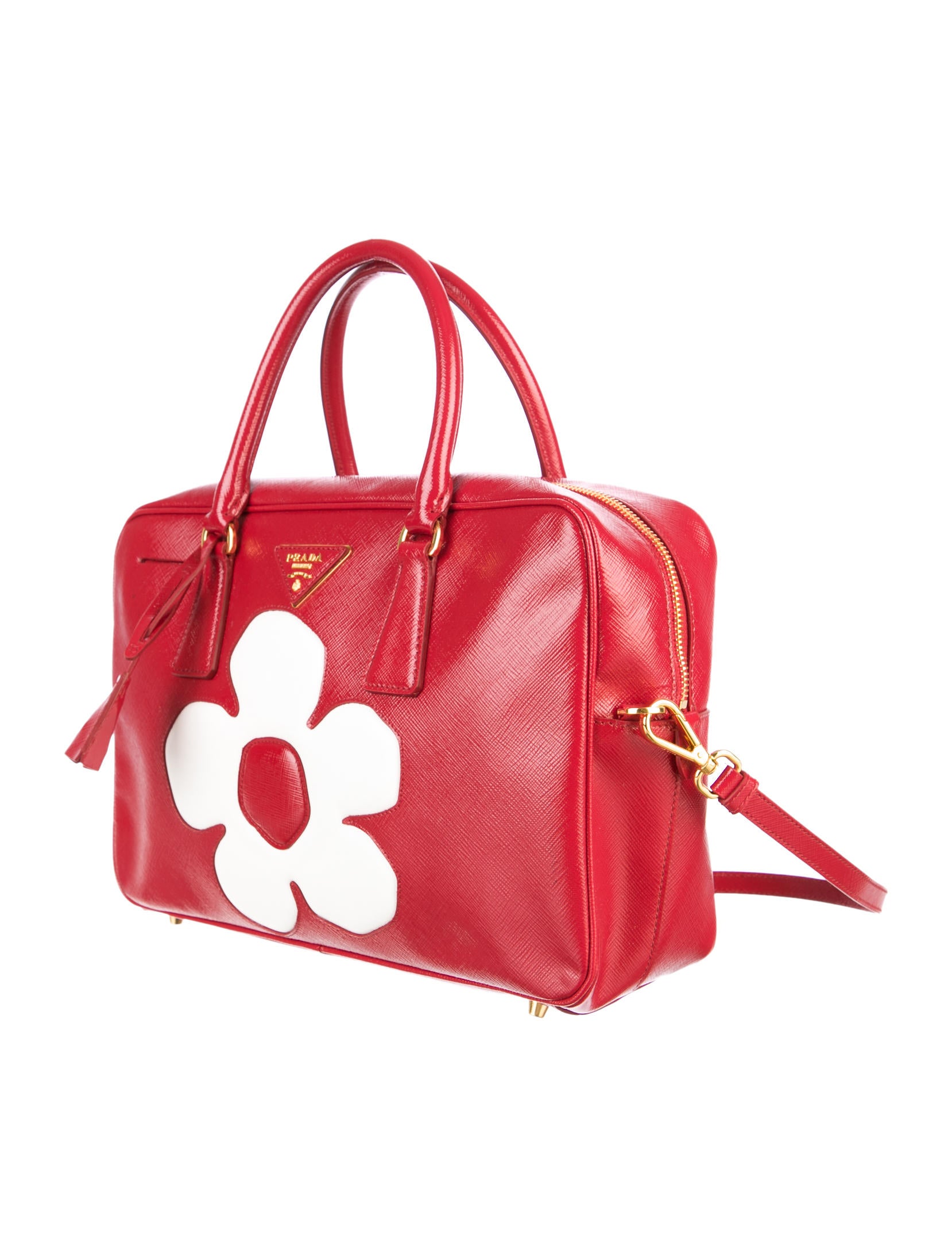 Prada Saffiano Vernice Flower Zip Tote - Red Totes, Handbags - PRA41078 ...