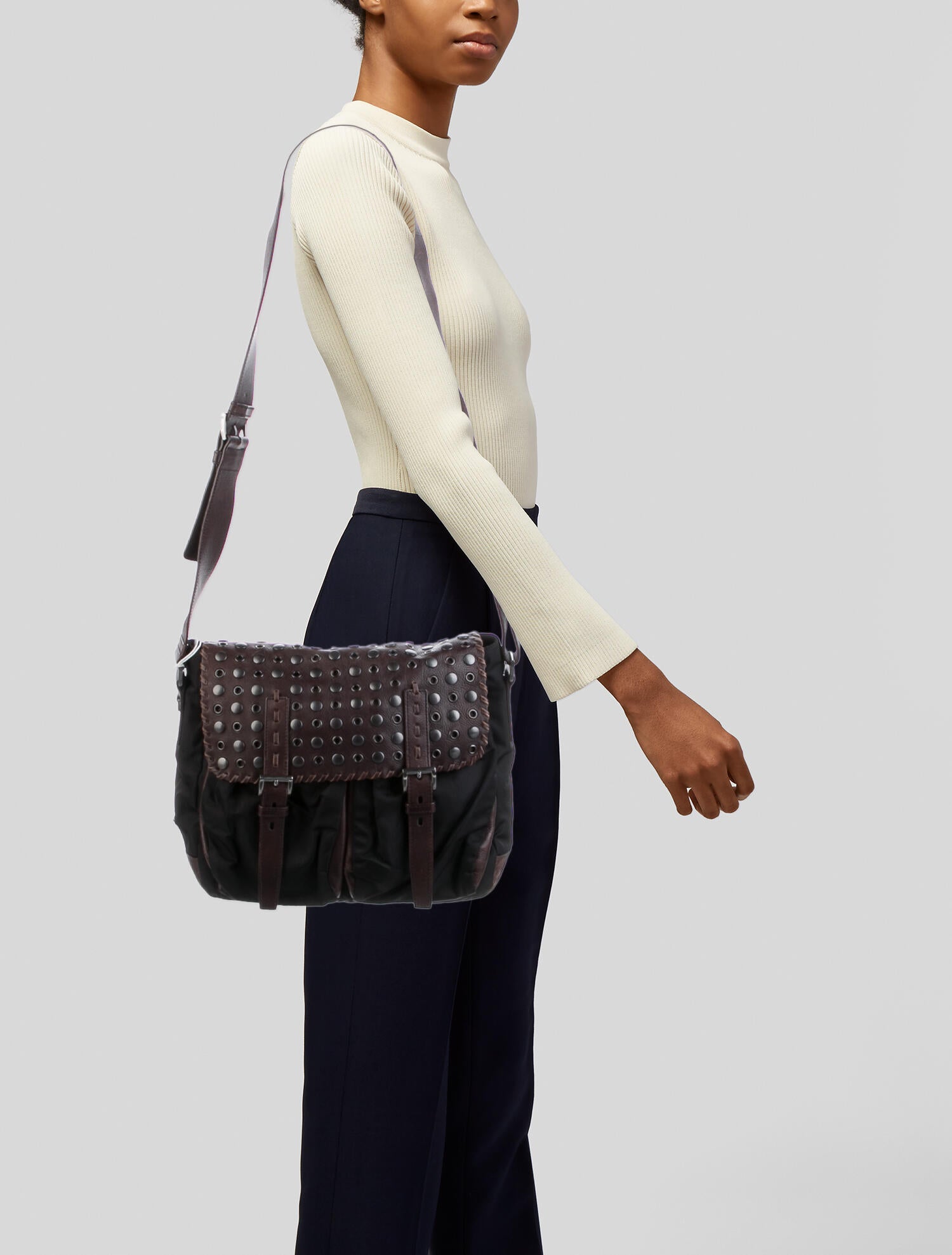 Prada Grommet-Embellished Tessuto Shoulder Bag - Black Shoulder Bags ...